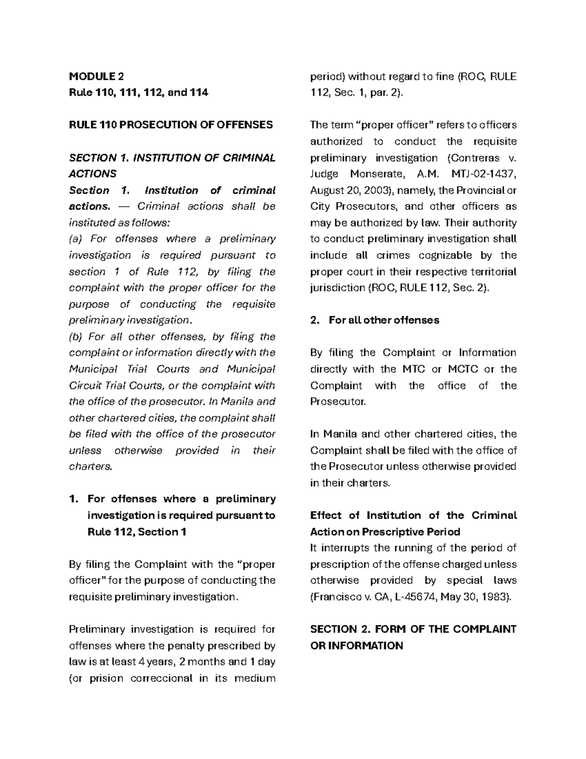 MODULE 2: Rules 110, 112, and 114 on Criminal Procedure - Studocu