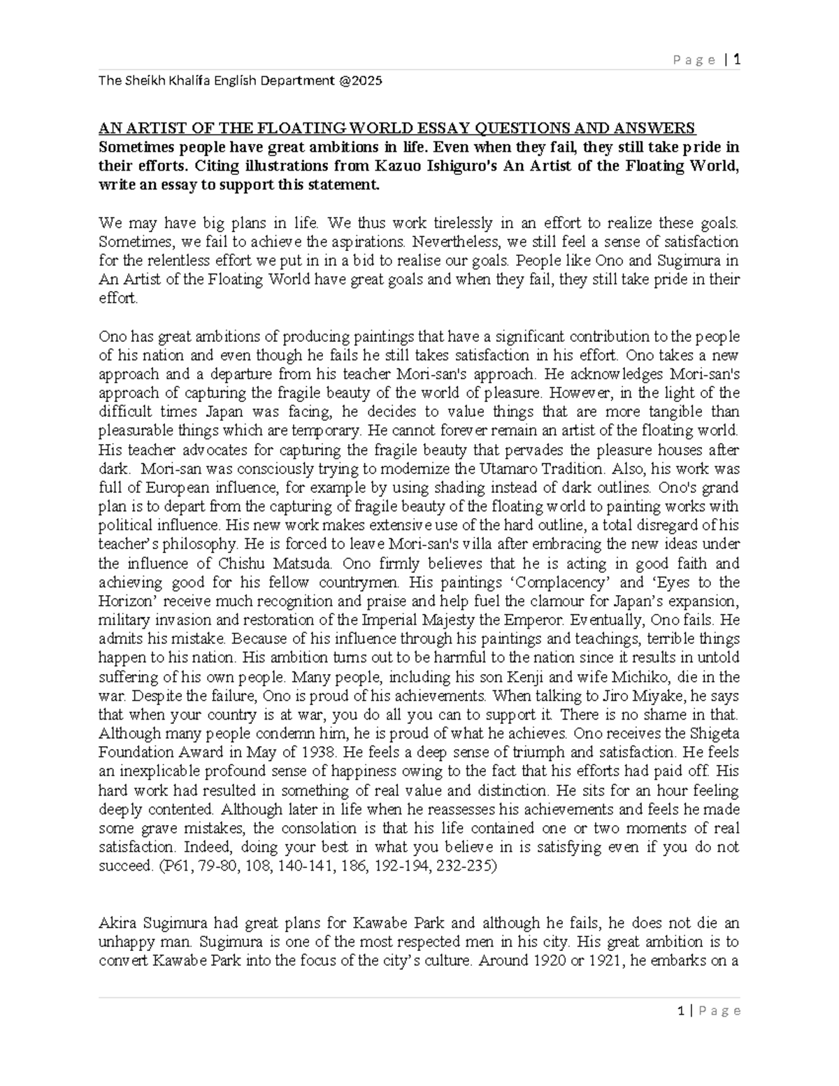 ENG 101: An Artist of the Floating World - Essay Questions & Analysis ...