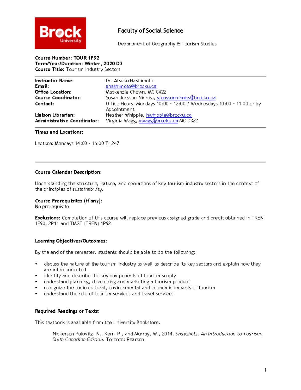 TOUR1P92 Winter 2020 Course Outline: Overview of Tourism Sectors - Studocu