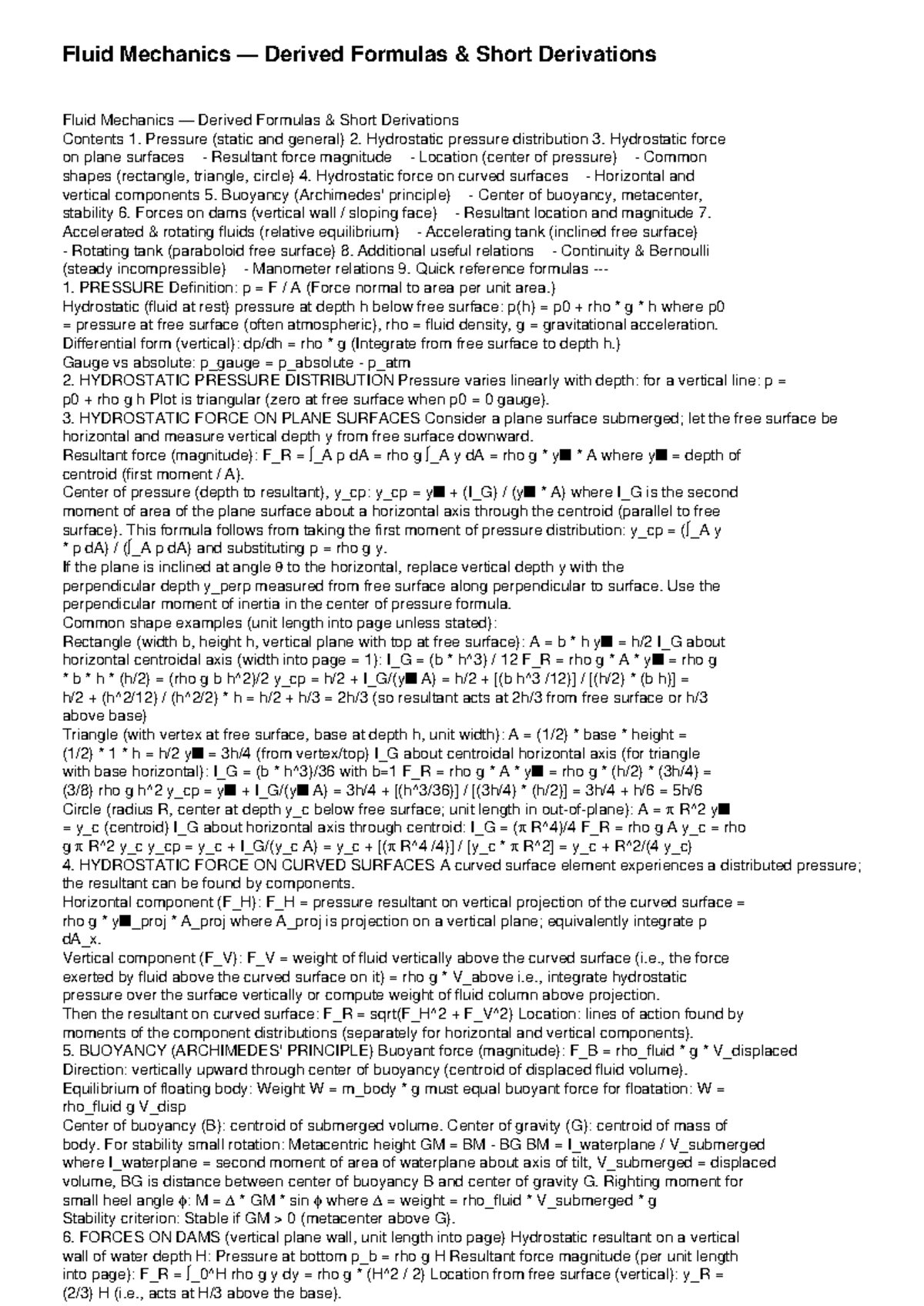 Fluid Mechanics (ENG 101) - Key Formulas & Derivations Guide - Studocu