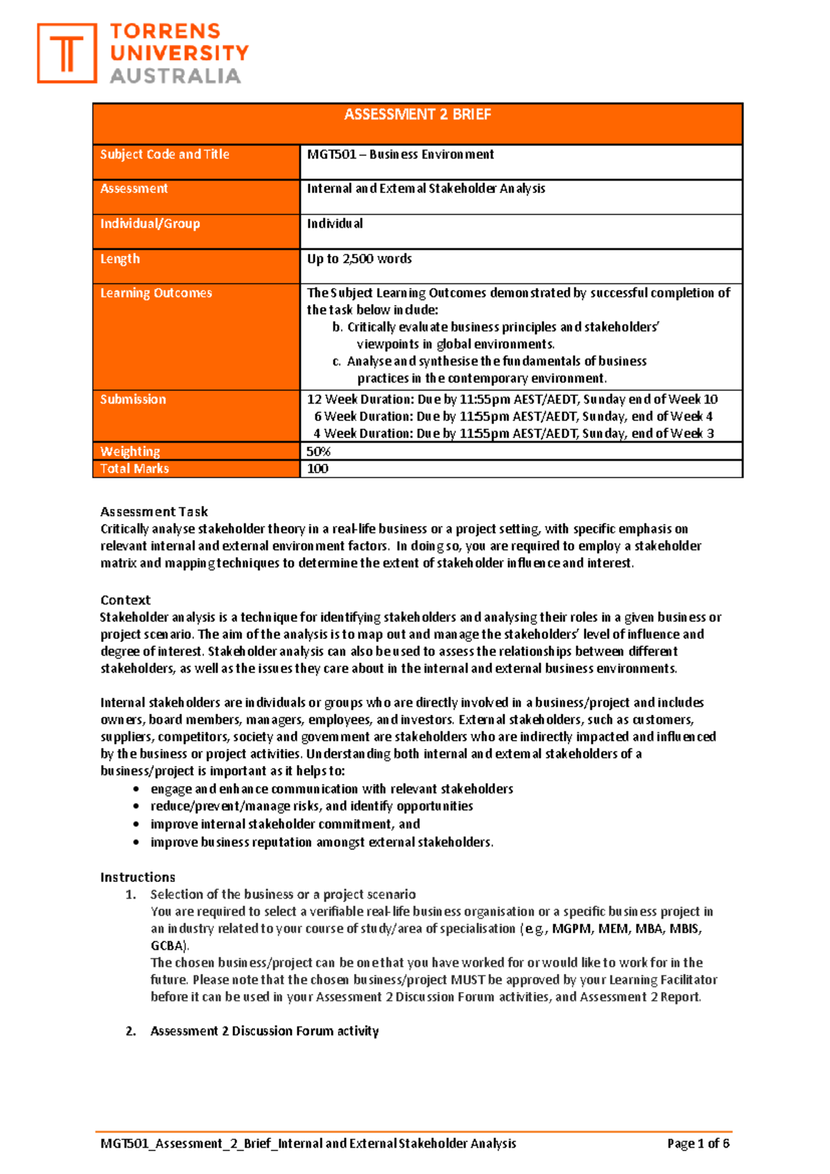 Assessment Brief 2 - Assessment Task Critically analyse stakeholder ...