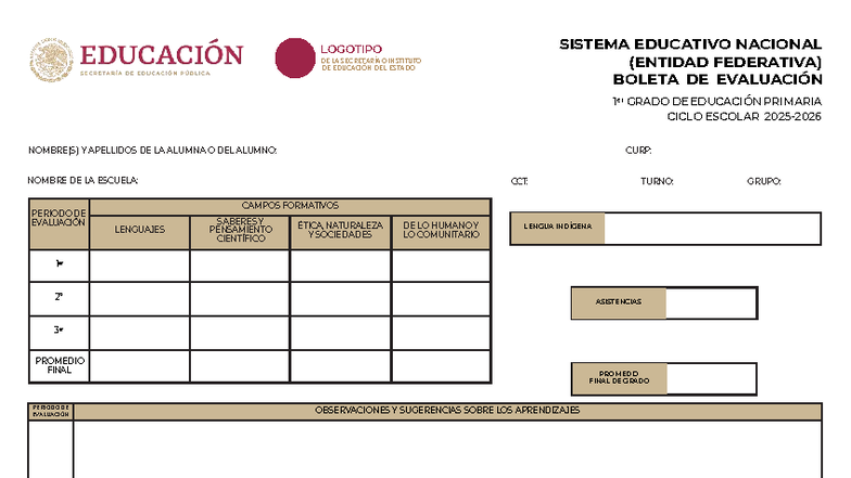 Boleta de Evaluación 1er Grado Primaria 2025-2026 - Studocu