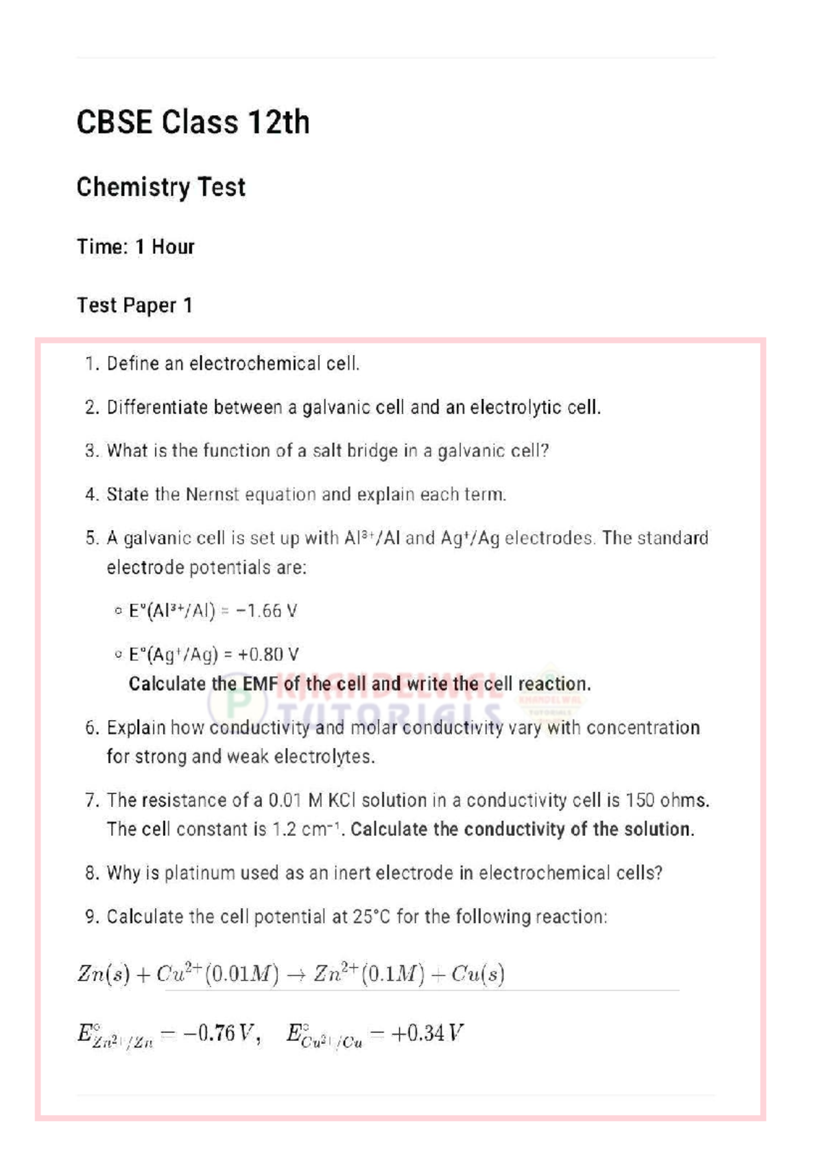 CBSE Class 12th Chemistry Test Papers: Electrochemical Cells ...