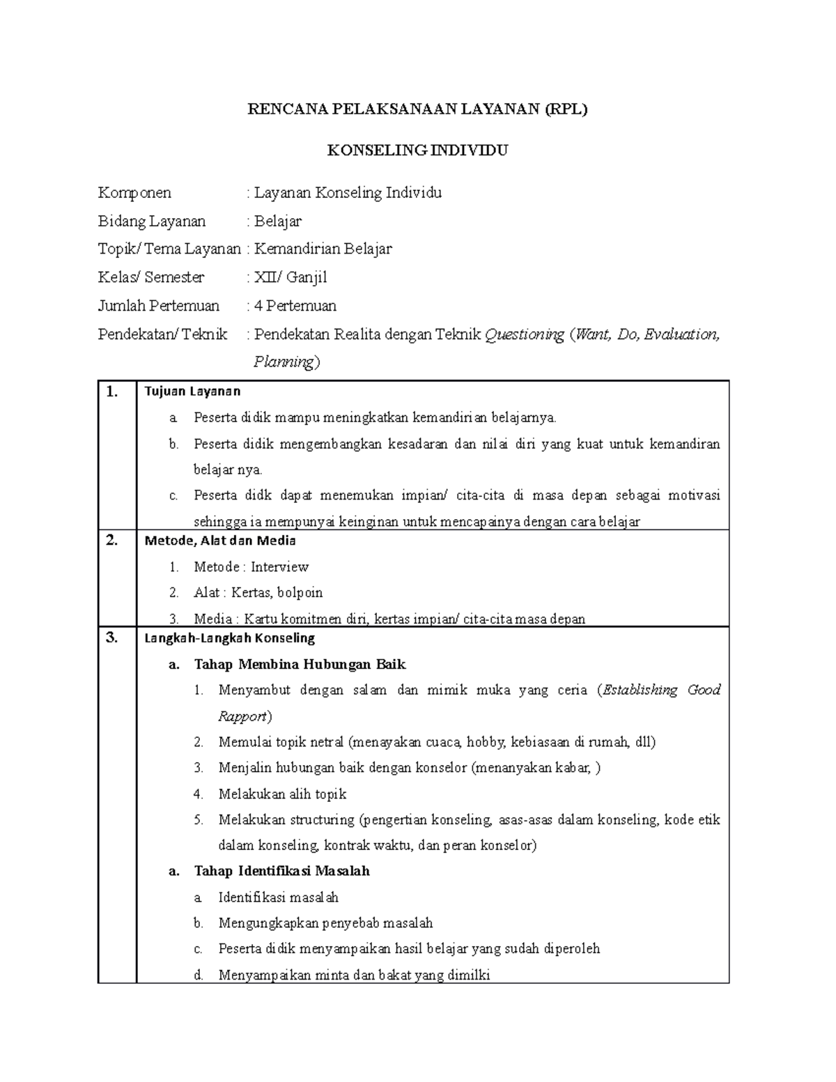 RPL Konseling Individu dan Kelompok: Meningkatkan Kemandirian Belajar ...