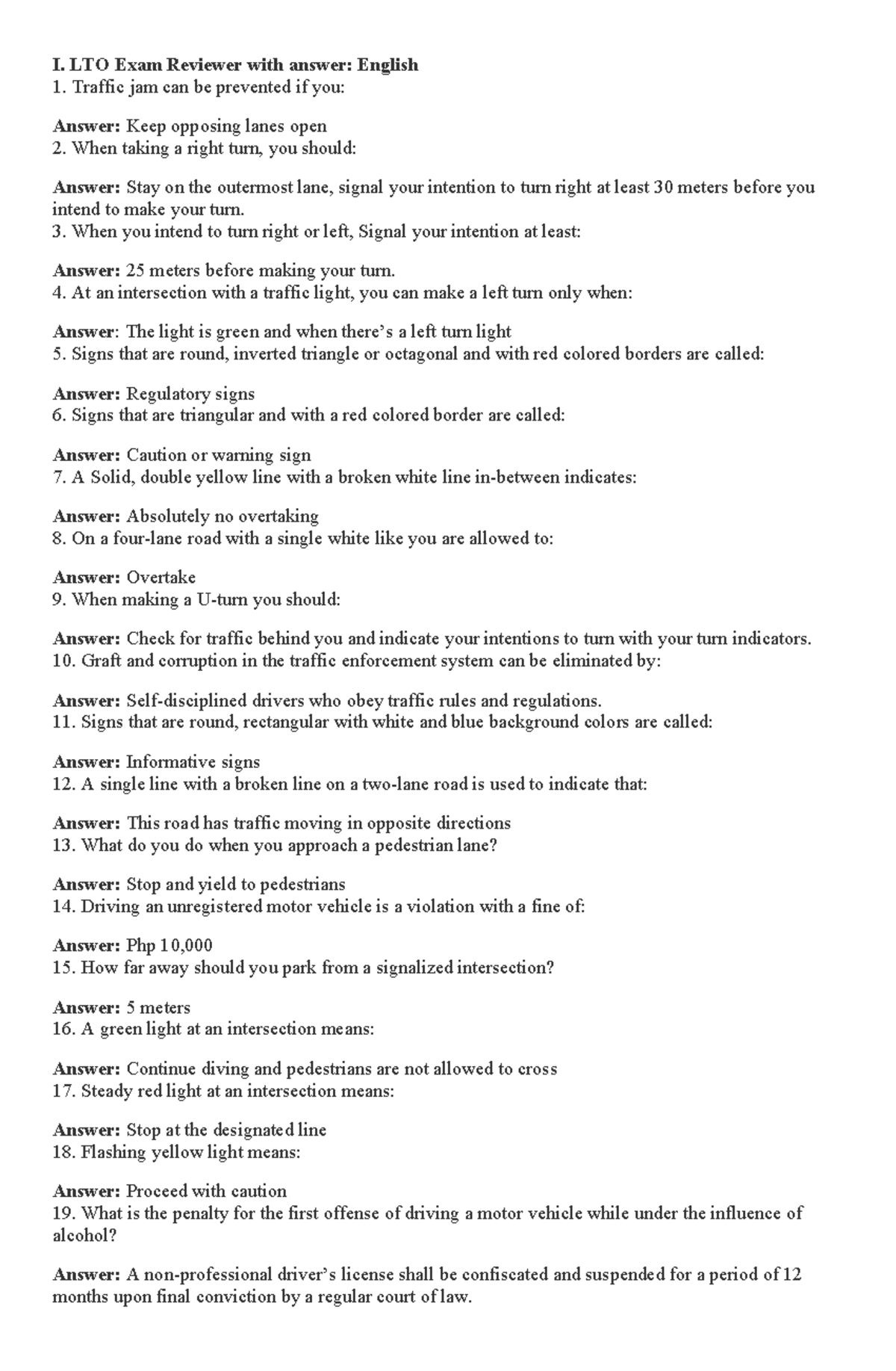LTO Exam Reviewer: Essential Traffic Rules & Signs Guide - Studocu