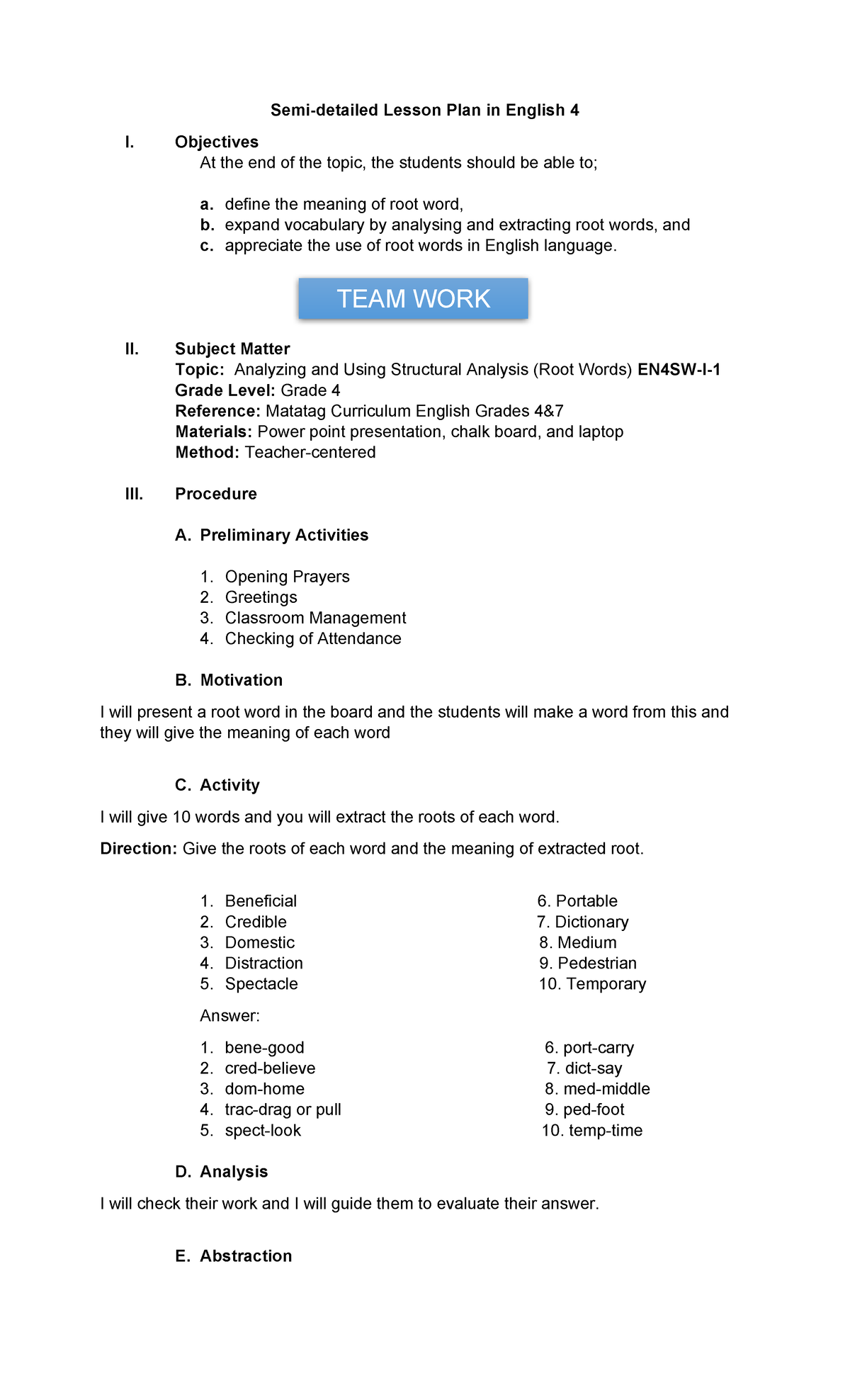 Semi-Detailed Lesson Plan on Root Words (EN4 - Grade 4) - Studocu
