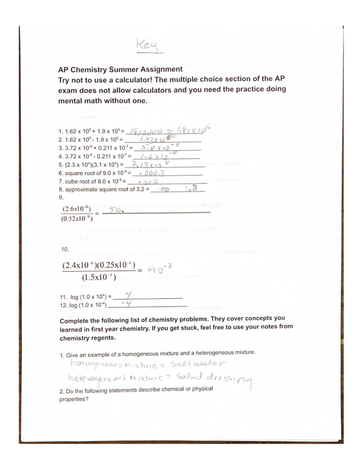 AP Chemistry Summer Assignment: Mental Math & Concepts Review - Studocu