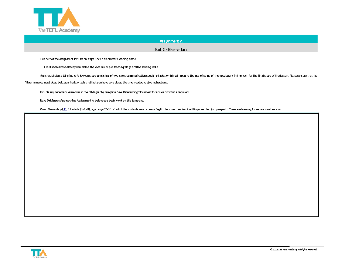 TEFL Assignment A: Planning an Elementary Reading Lesson Stage 5 - Studocu