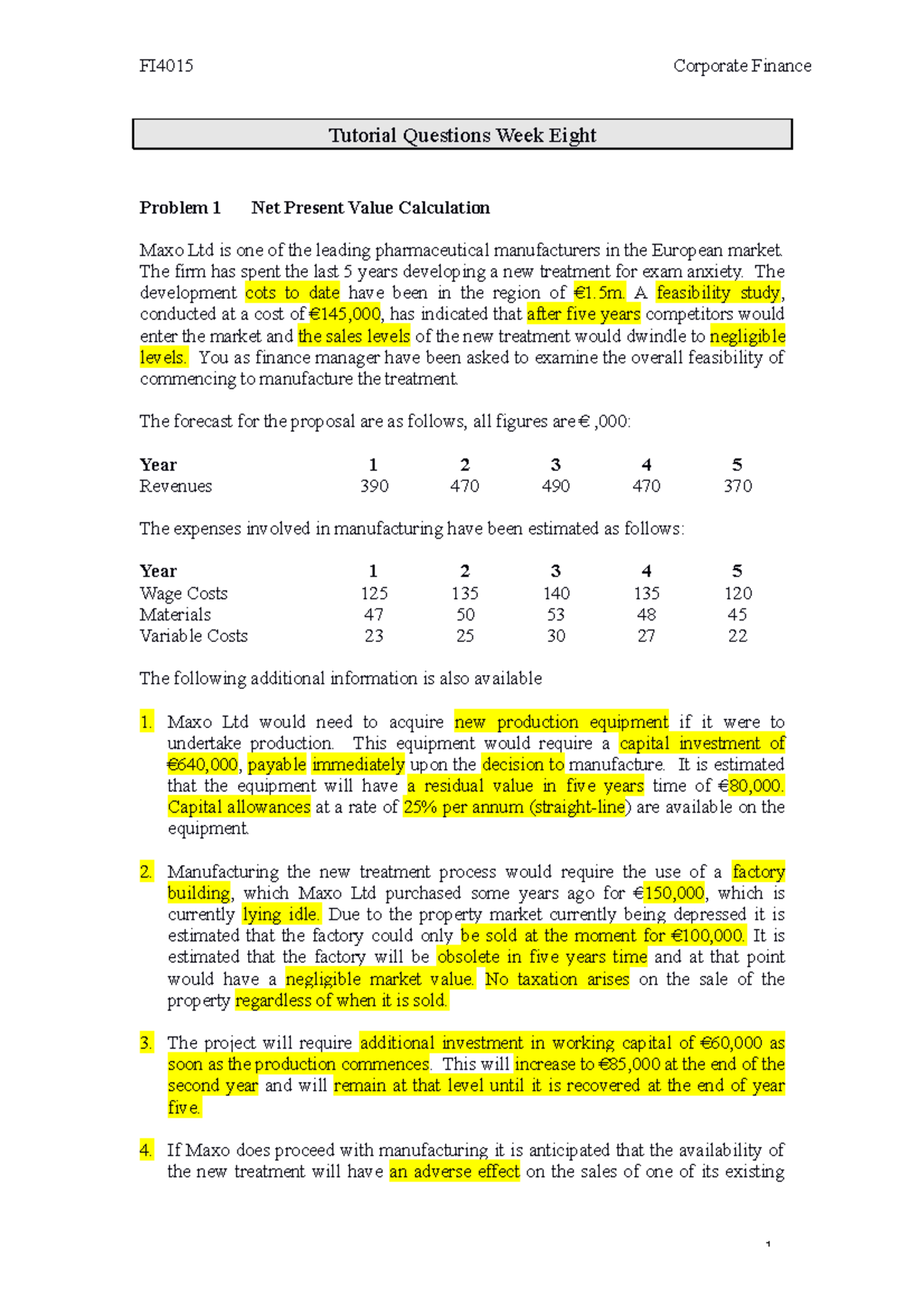 Tutorial Problems - Week 8 - FI4015 Corporate Finance Tutorial ...