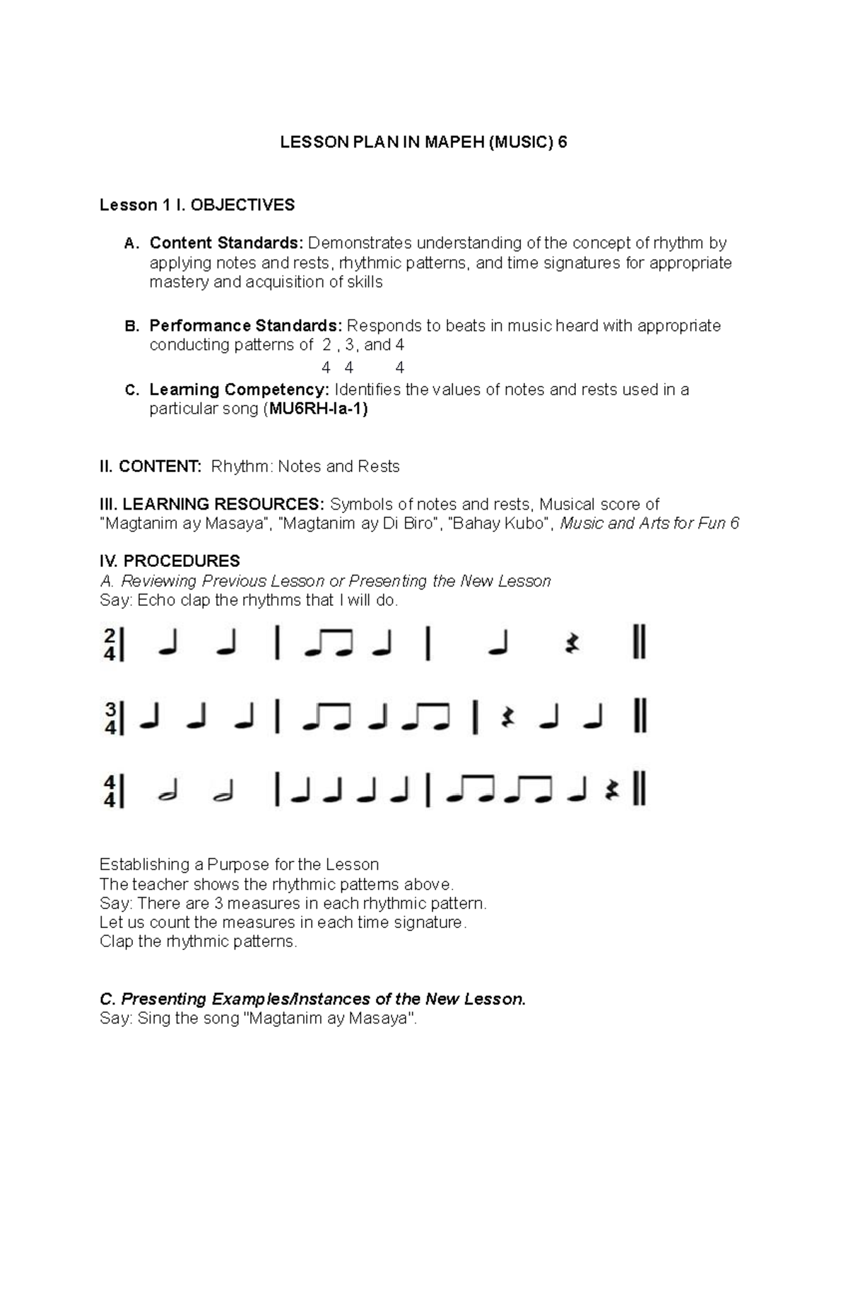 Lesson Plan: MAPEH (Music) COT1 - Understanding Rhythm and Rests - Studocu