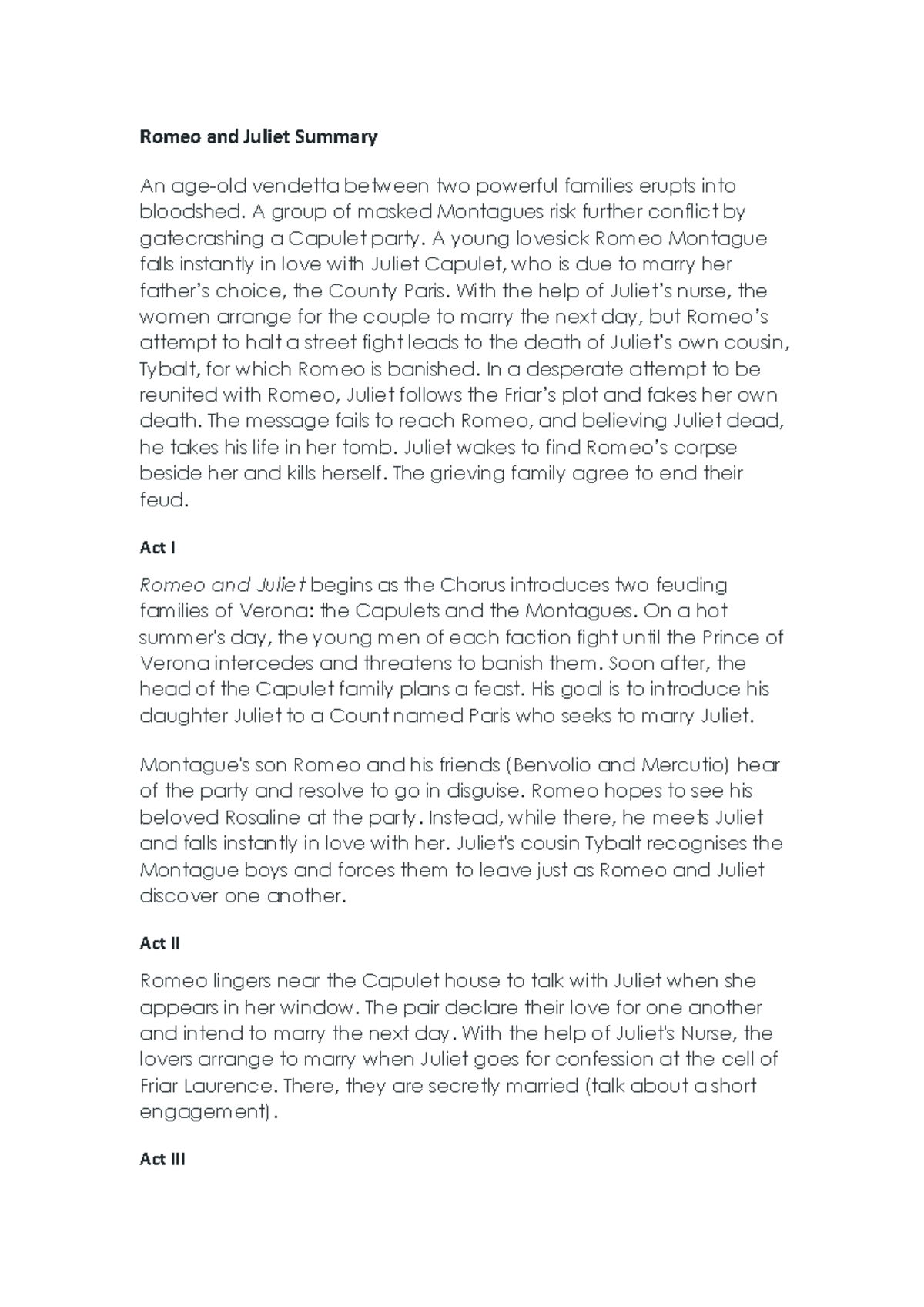 Romeo-and-Julie - Romeo-and-Julie - Summary Literature - Romeo and ...