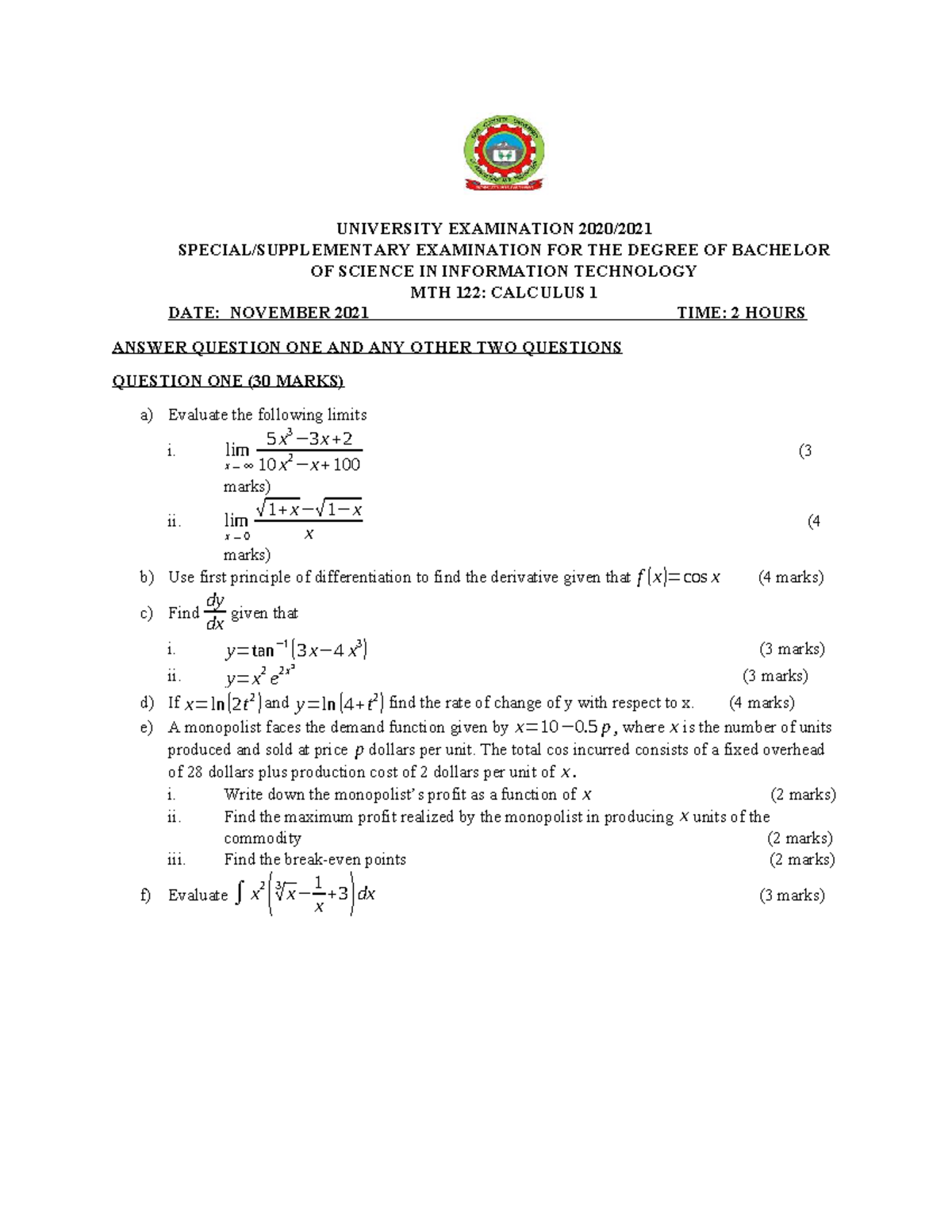 MTH 122: Calculus 1 - University Exam Practice Material - Studocu