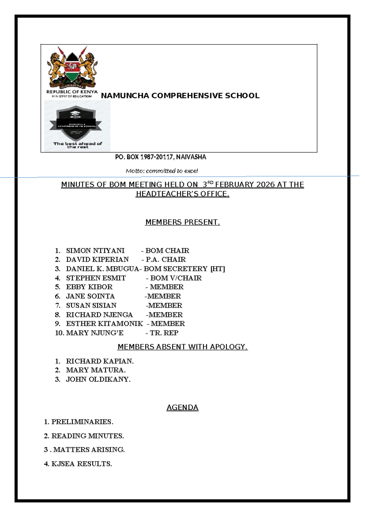 Minutes of BOM Meeting - NAMUNCHA School (3rd Feb 2026) - Studocu