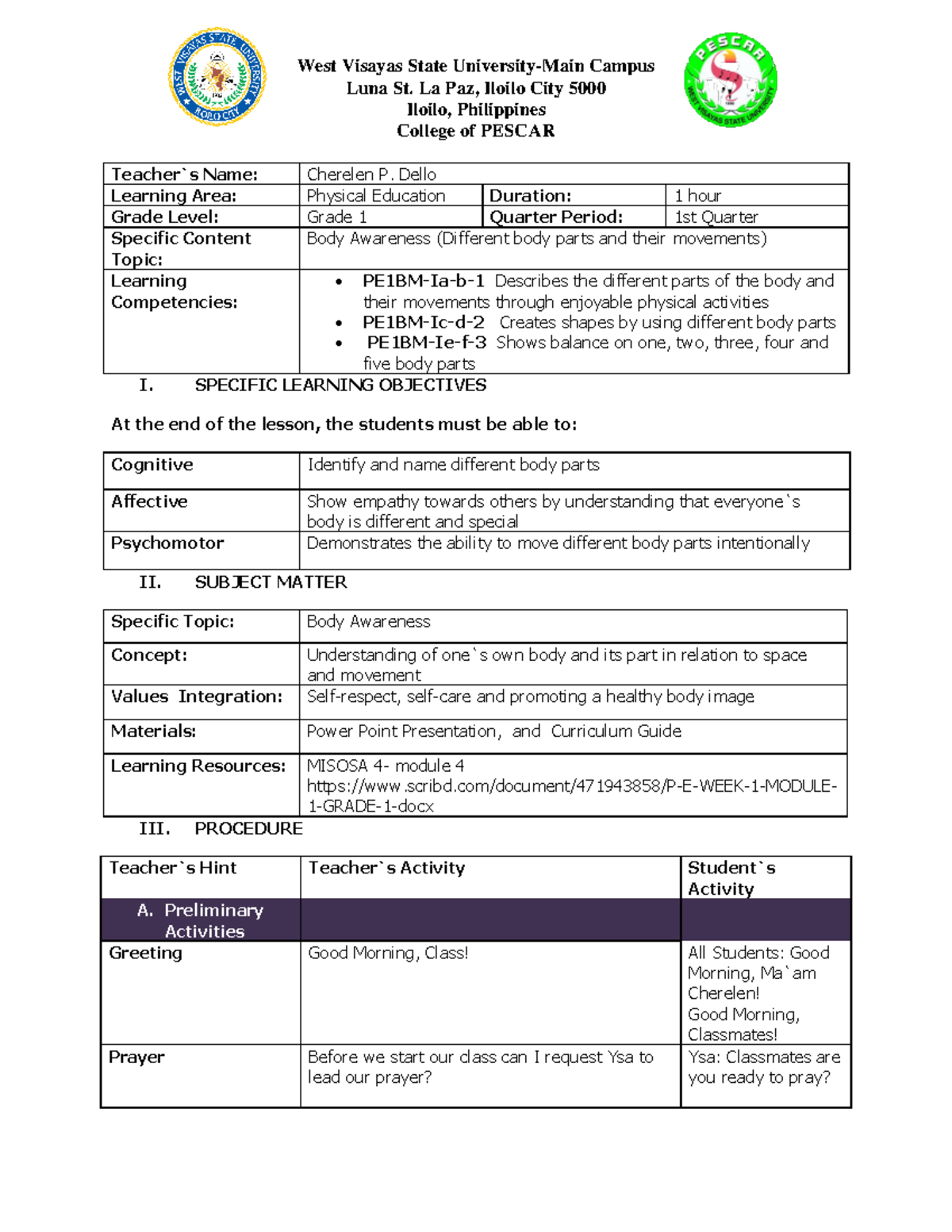 Dello Lesson Plan: PE & Health 1st Qtr (Grade 1 & 6) Activities and ...