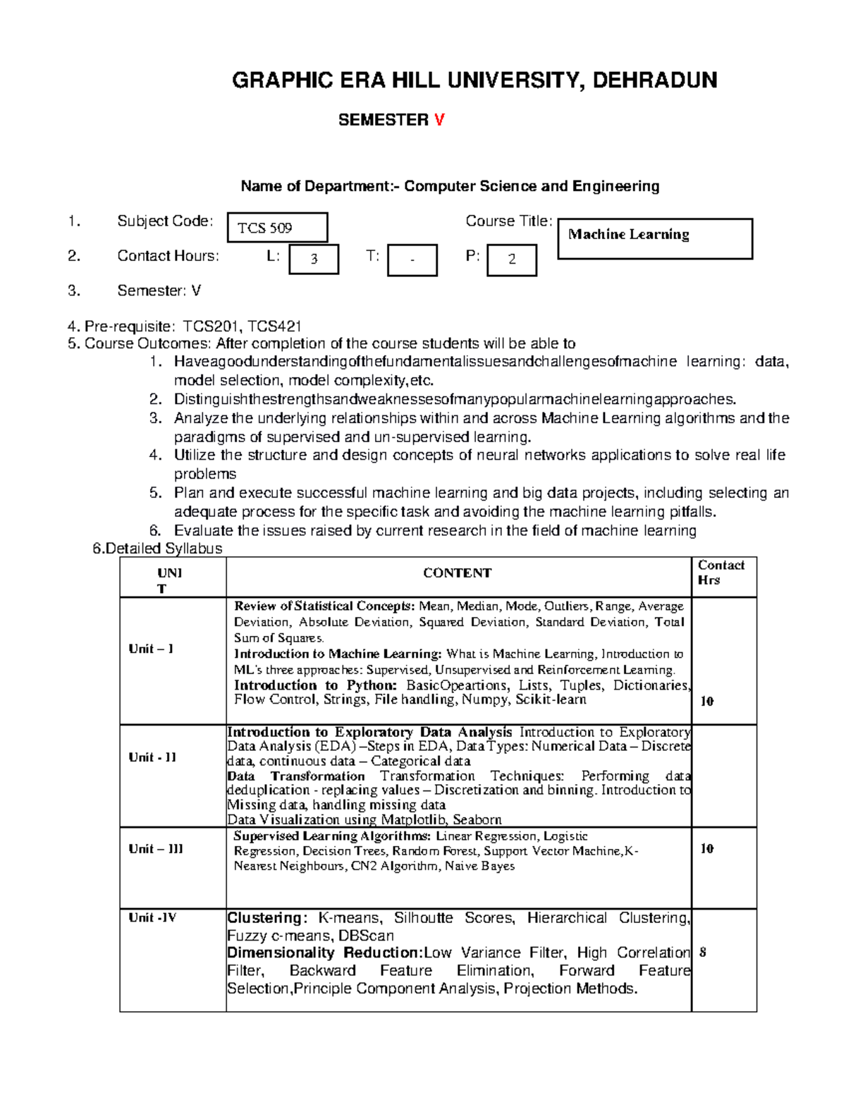5th Semester Syllabus for CSE: TCS 509, TCS 503, TCS 552 - Studocu