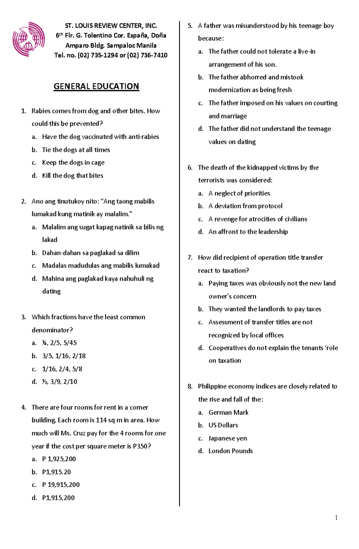 General Education Quiz Questions at St. Louis Review Center - Studocu