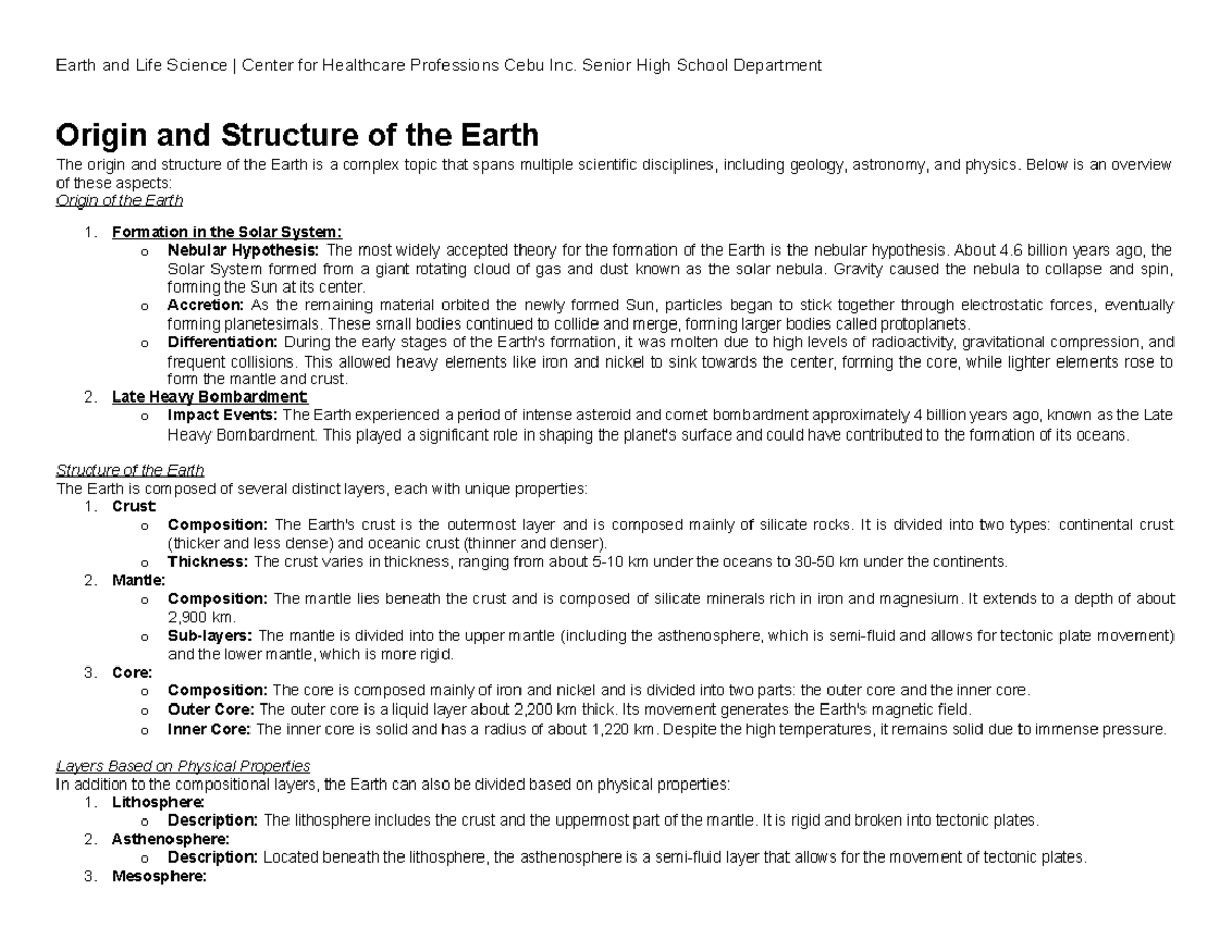 Module 1 Origin and Structure of the Earth - Earth and Life Science ...