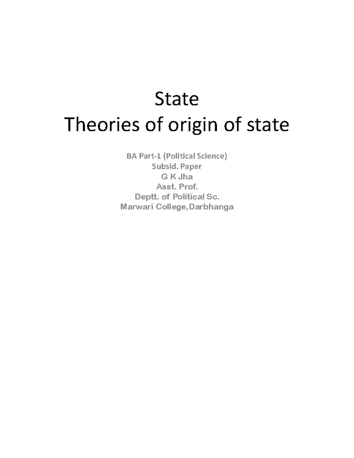 Theories of State Origin: A Study for BA Part-1 (Political Science ...