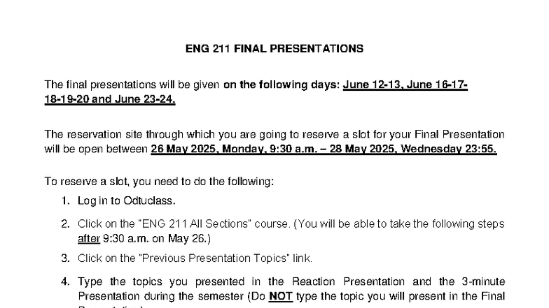 ENG 211 Final Presentations: Reservation Guidelines and Deadlines - Studocu
