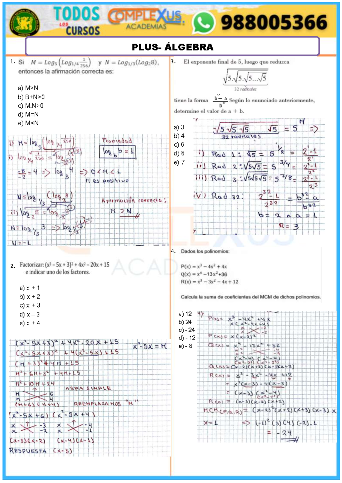 PLUS- Algebra - Repaso - a) 3 b) 4 c) 6 d) 8 e) 7 a) 12 b) 24 c) - 24 d ...