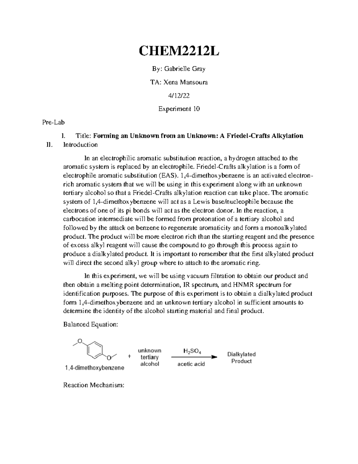 Chem2212L Experiment 10: Friedel-Crafts Alkylation of Unknown Alcohol ...