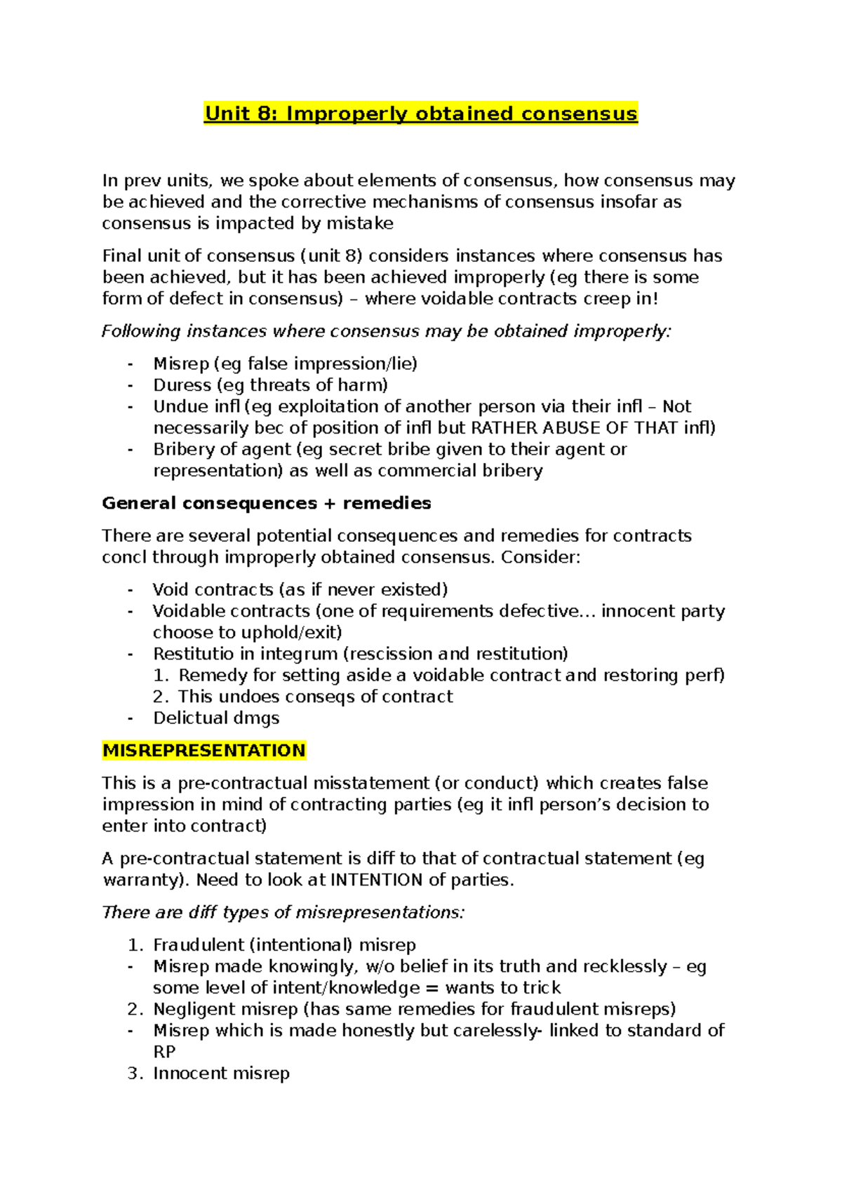 Unit 8: Misrepresentation and Duress in Improperly Obtained Consensus ...