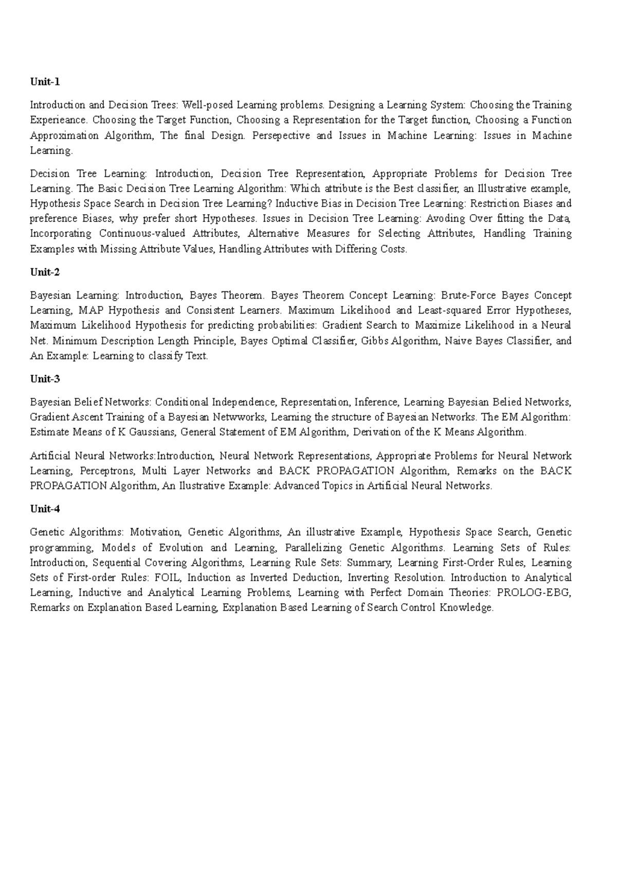 Machine Learning (CS101): Overview of Units 1-4 Concepts and Algorithms - Studocu