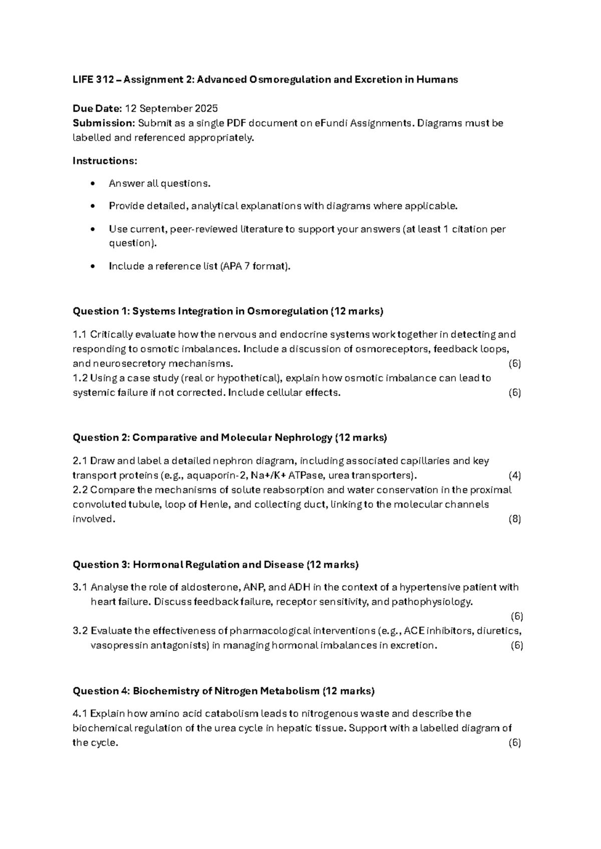 LIFE 312 - Assignment 2: Advanced Osmoregulation & Excretion Analysis - Studocu