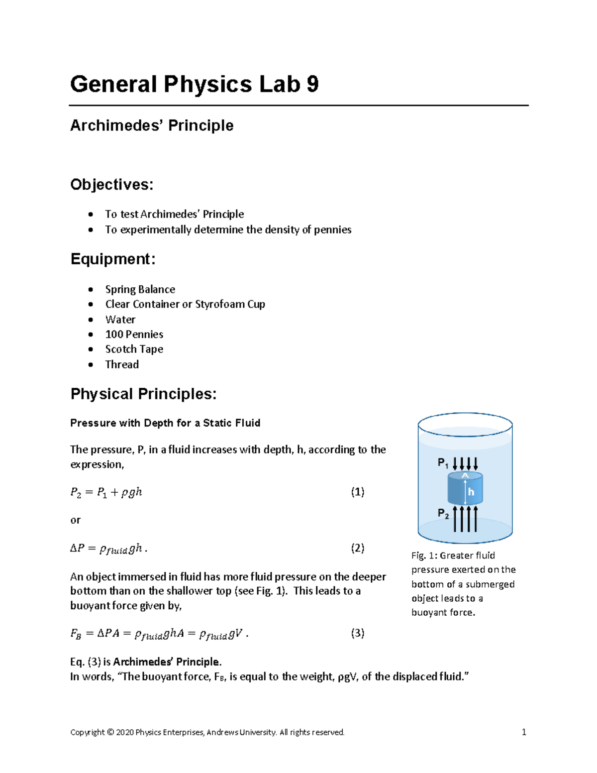 Phys1 Lab 9: Archimedes' Principle and Density of Pennies Experiment ...