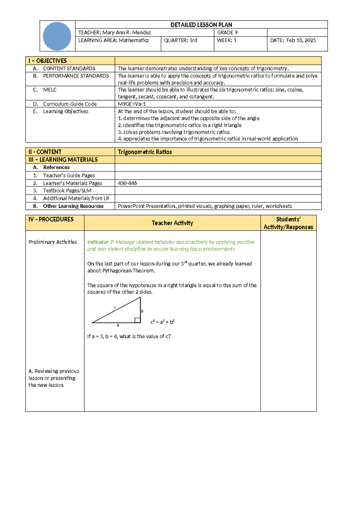 Detailed Lesson PLAN Trigo ratio - DETAILED LESSON PLAN TEACHER: Mary ...