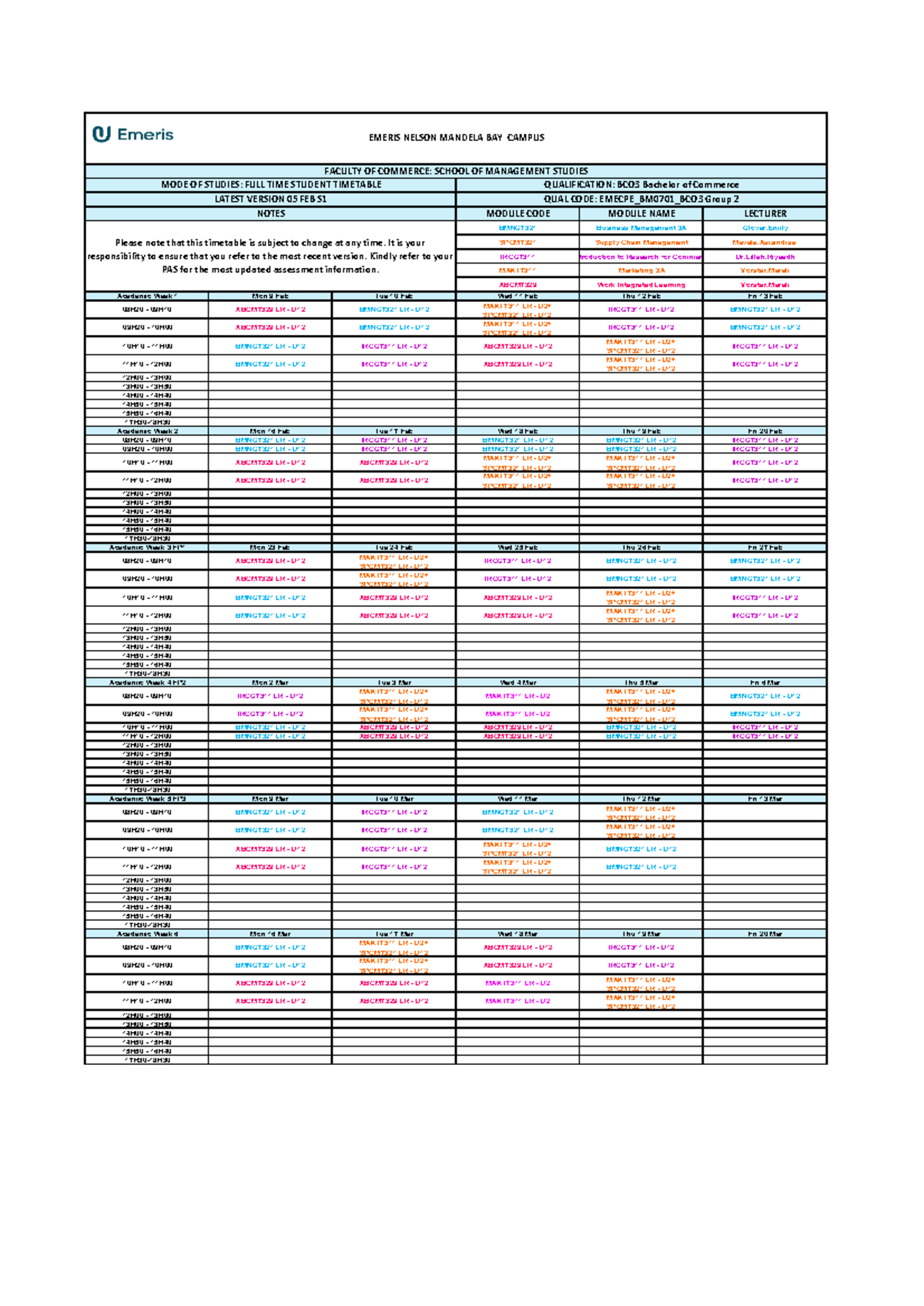 BCO3 2026 Full-Time Class Timetable - Nelson Mandela Bay Campus - Studocu