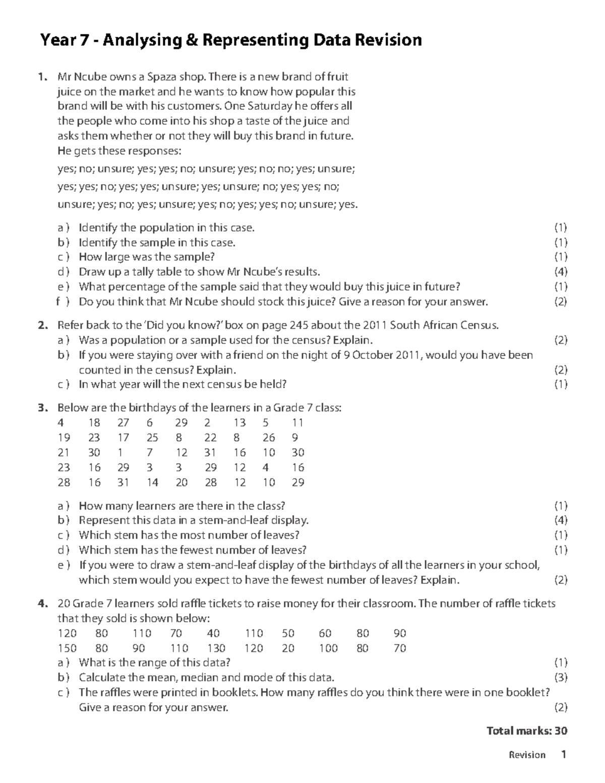 Y7 Statistics Review: Data Analysis & Representation Revision 1 - Studocu