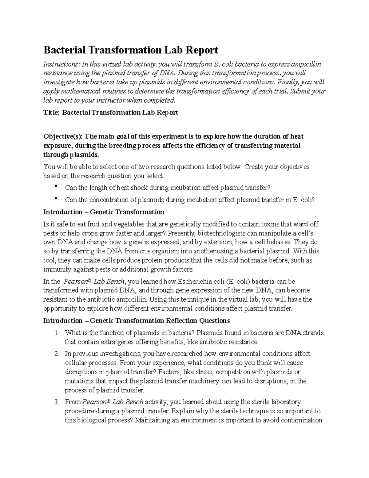 Bacterial Transformation Lab Report: E. coli Plasmid Analysis and ...