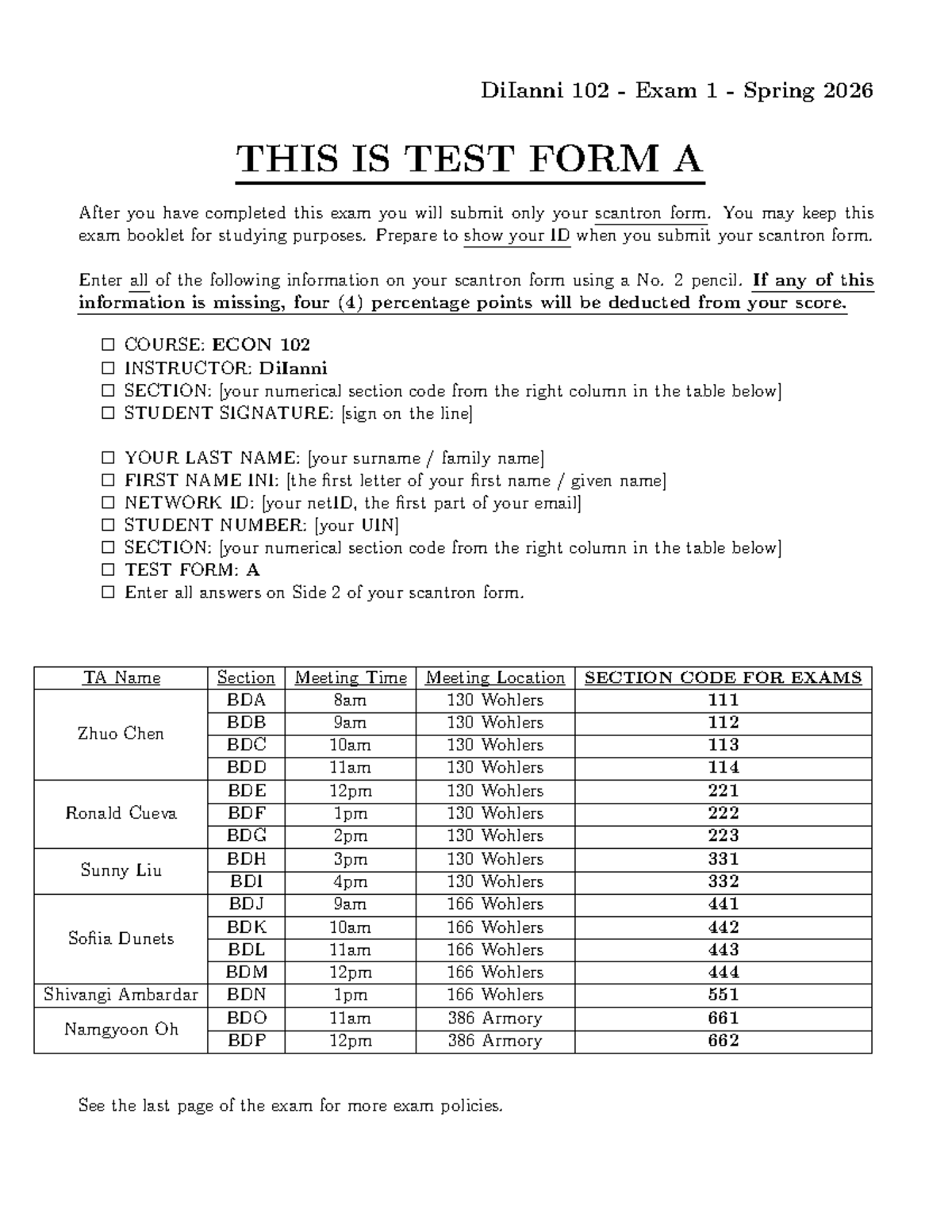 ECON 102 Exam 1A - DiIanni Spring 2026 Test Form A - Studocu