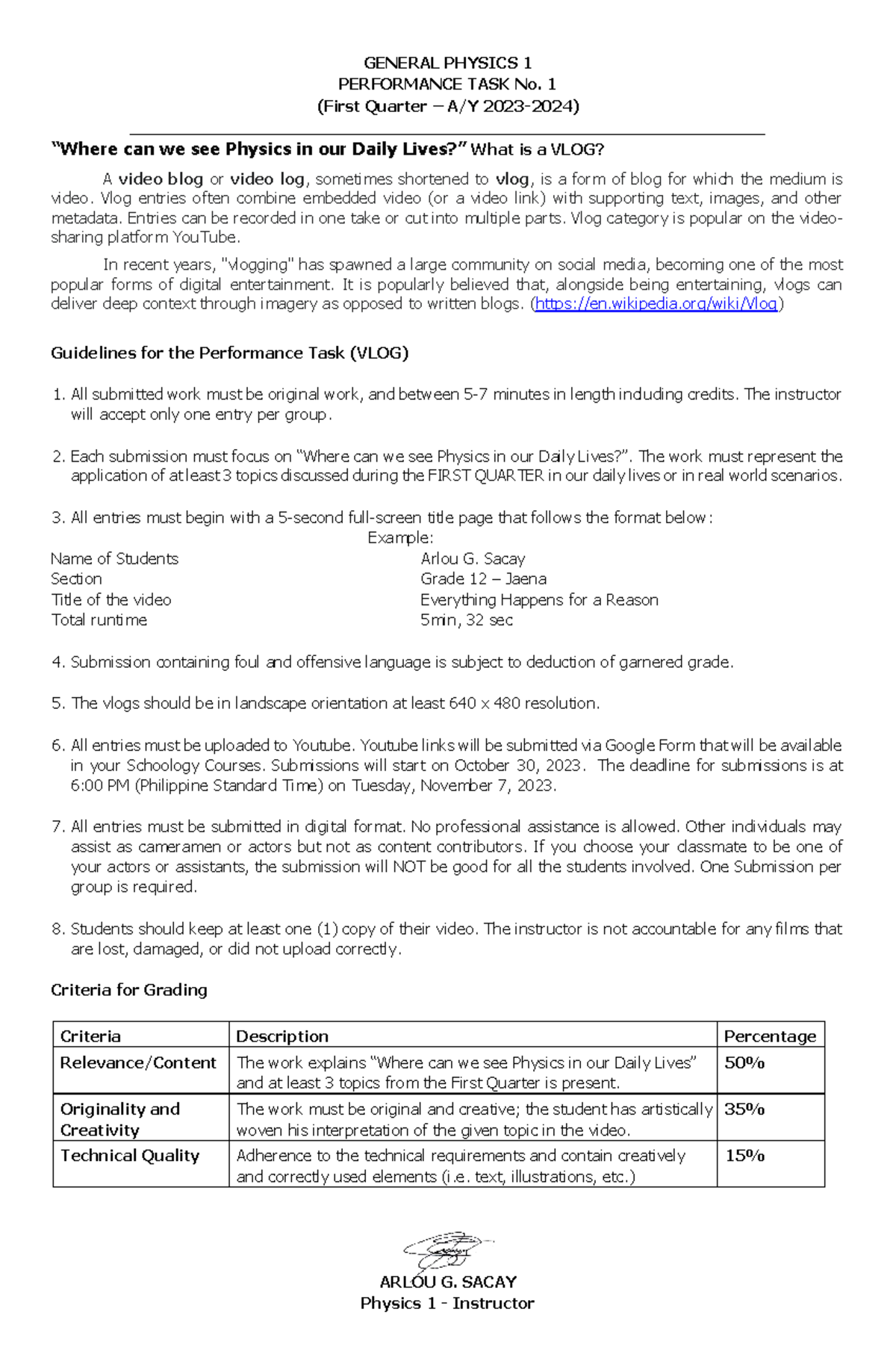 Physics 1 Performance Task 1 Vlog On Daily Physics Studocu