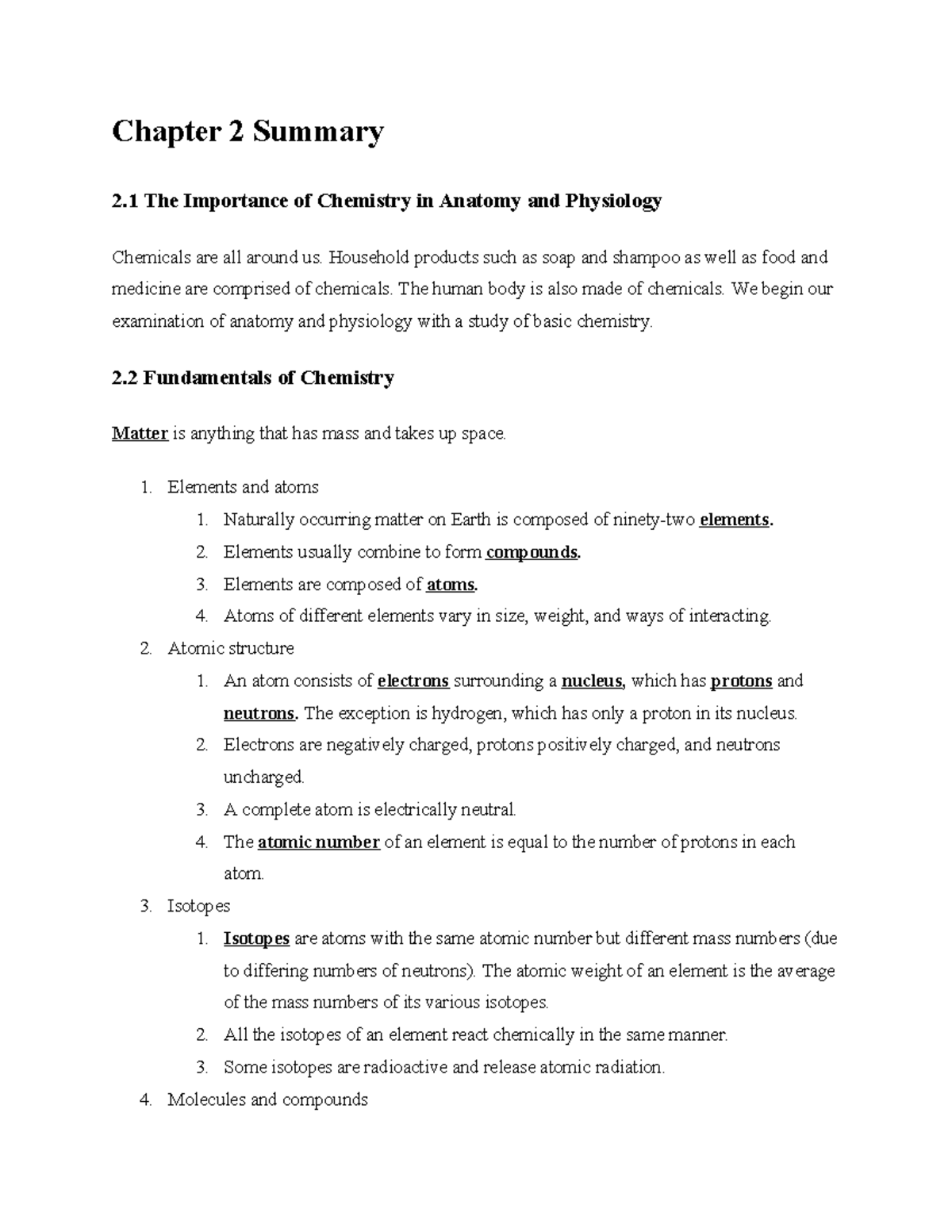 Chapter 2 Summary - Chapter 2 Summary 2 The Importance of Chemistry in ...
