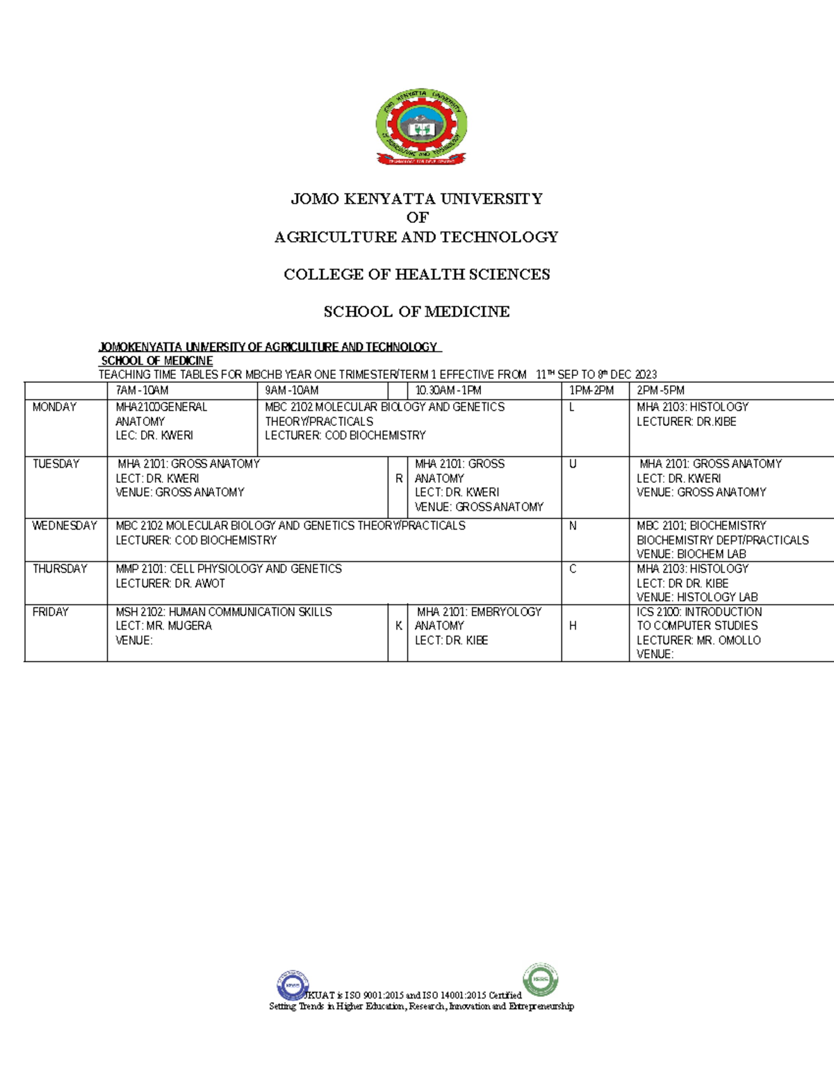 MBCHB Year 1 Trimester 1 2023 Teaching Time Table - Studocu