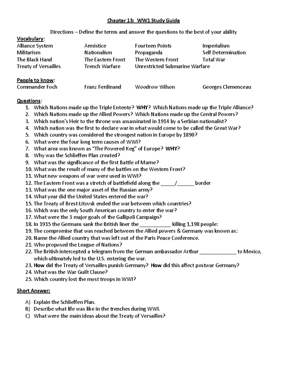 WW1 Study Guide: Key Terms, People & Questions for CH 13 Review - Studocu