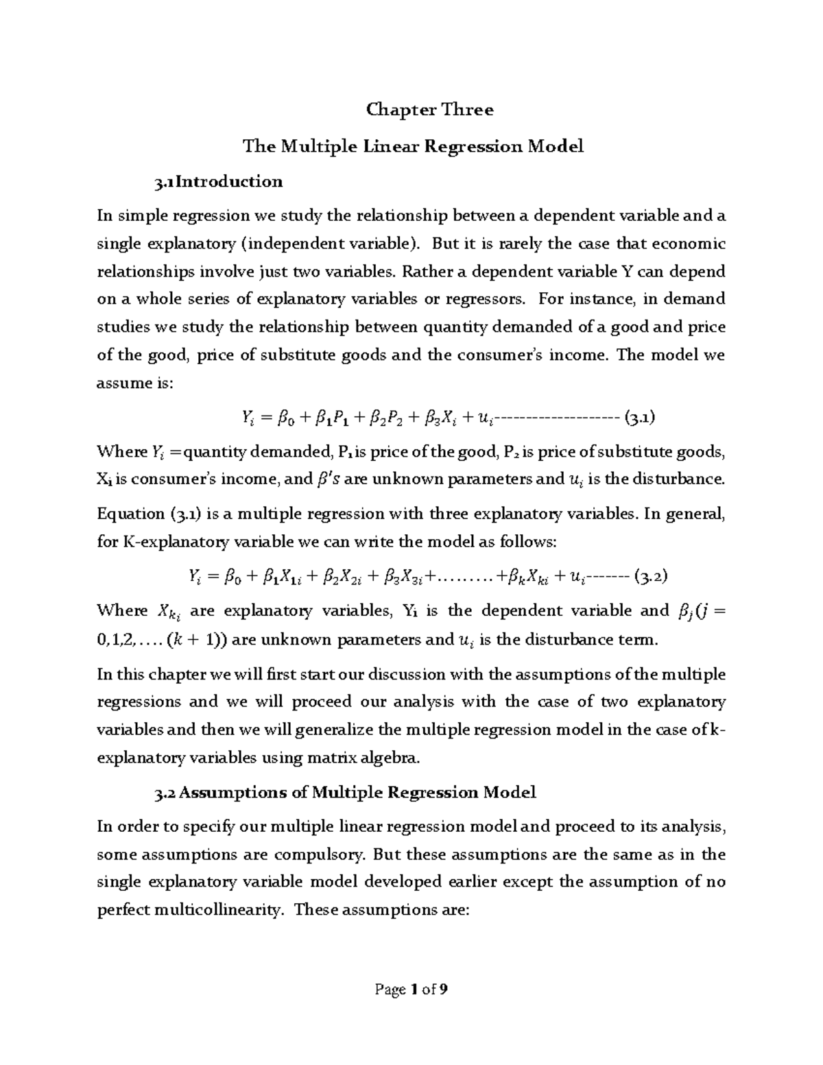 Chapter three - Chapter Three The Multiple Linear Regression Model 3 Introduction In simple ...