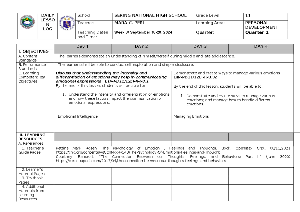 Week 8 - Personal Development Lesson Log and Objectives - Studocu
