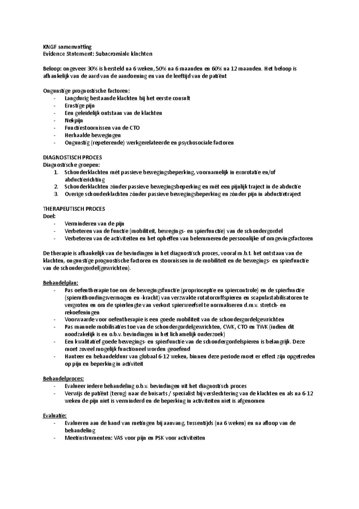 KNGF Samenvatting: Subacromiale Klachten en Behandelprocessen - Studeersnel