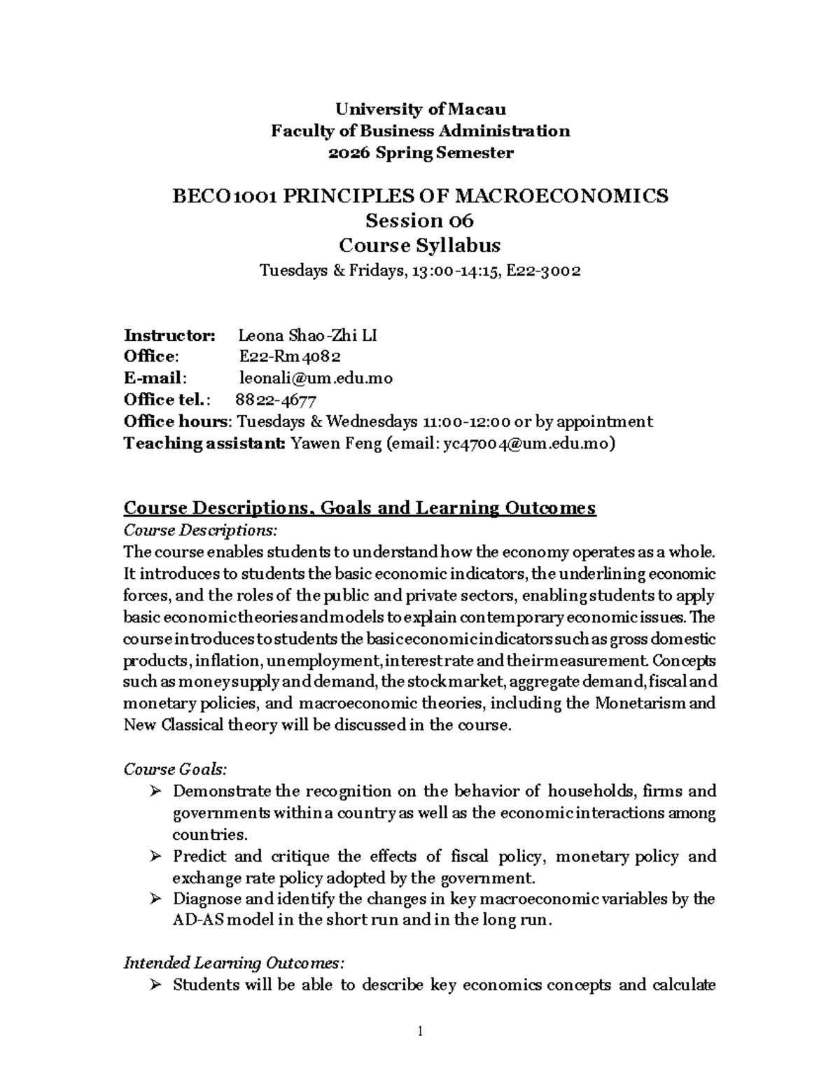 Syllabus for BECO1001: Principles of Macroeconomics - Spring 2026 ...
