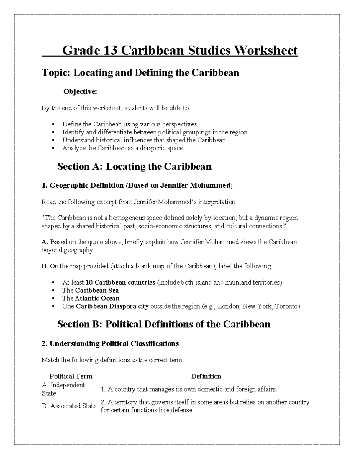 Grade 13 Caribbean Studies Worksheet: Locating & Defining the Caribbean ...