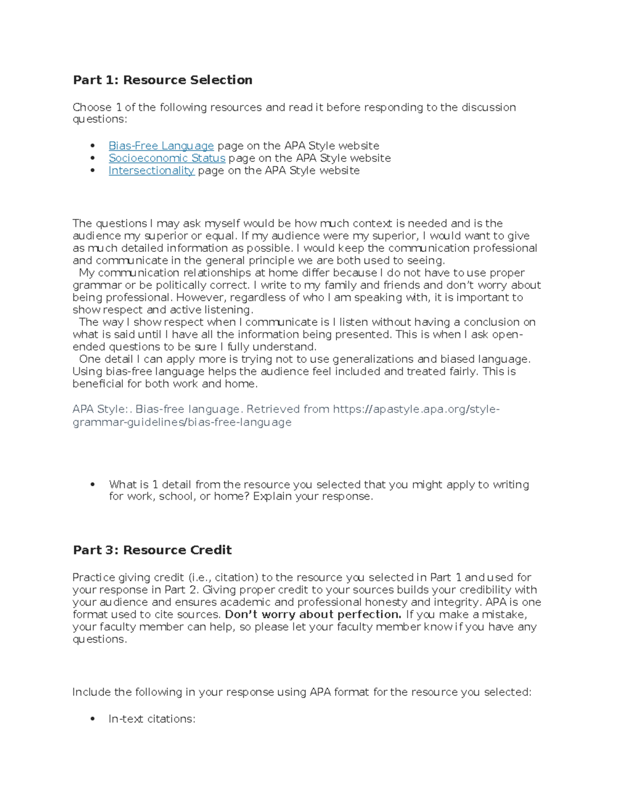 Resource Selection and Communication Reflection - Part 1 (APA) - Studocu