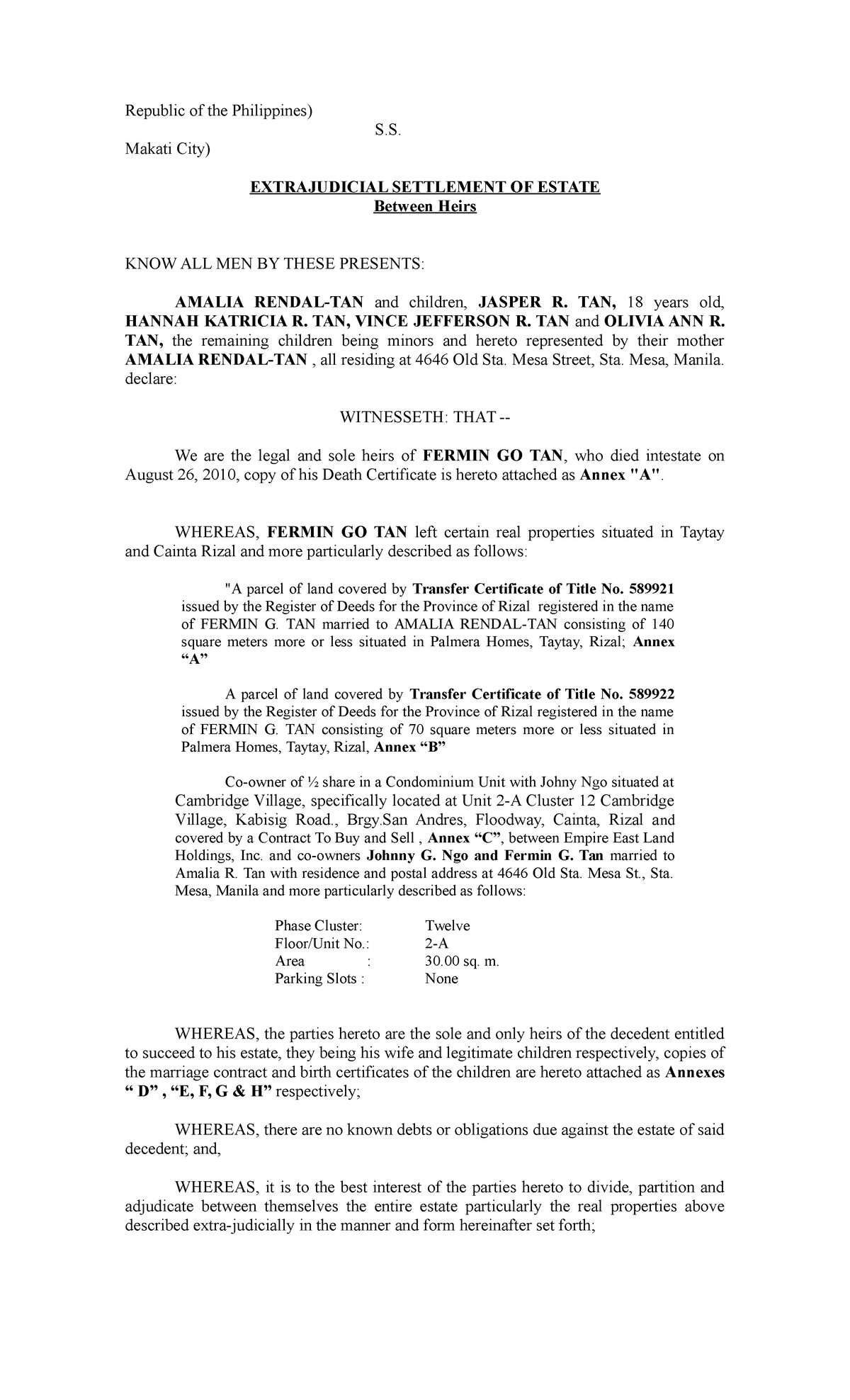 Extrajudicial Settlement of Estate Among Heirs - Philippines Document ...