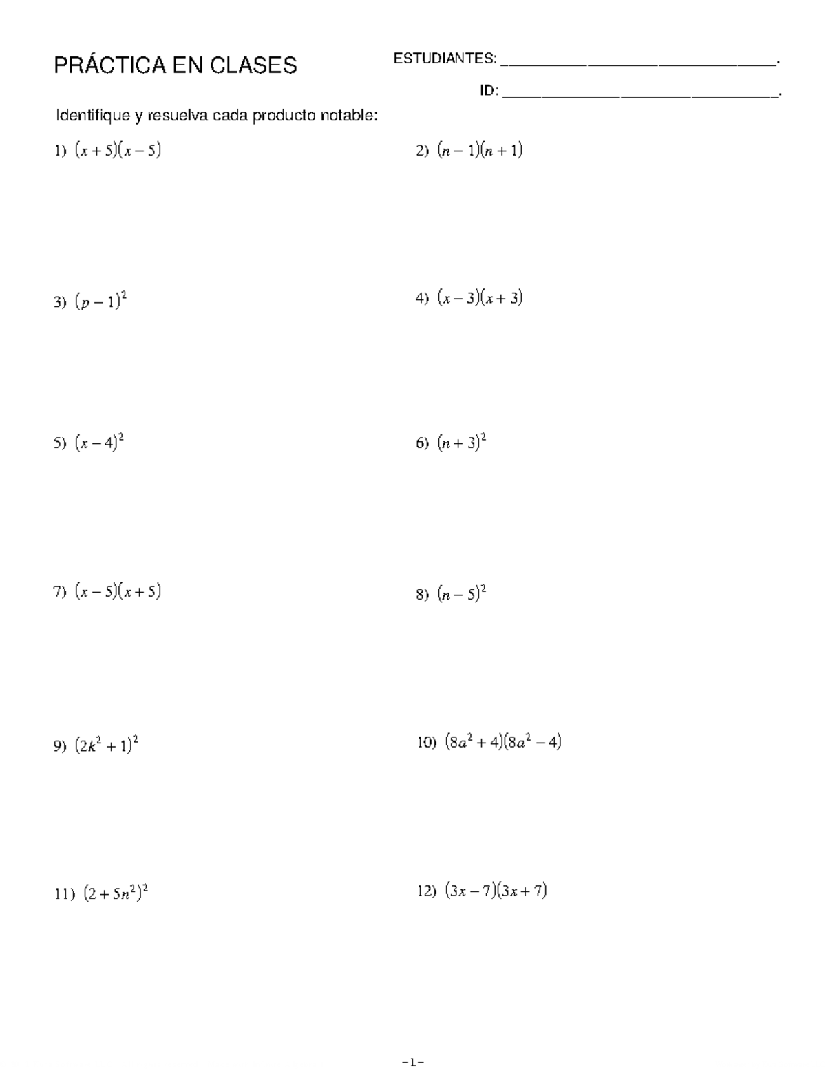 Kuta Software Infinite Algebra 1: Multiplying Special Case Polynomials ...