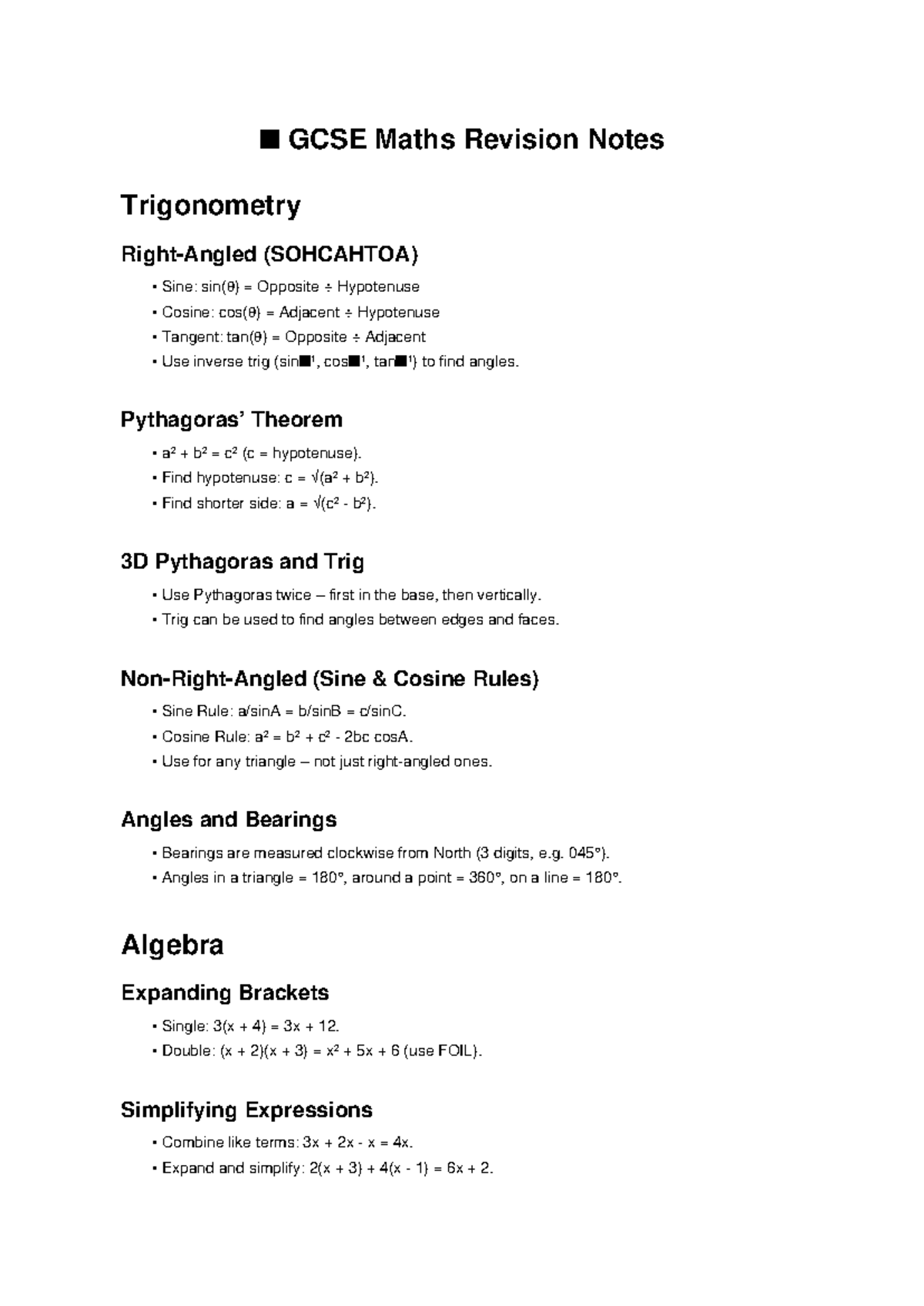GCSE Maths Revision Notes: Trigonometry & Algebra Concepts - Studocu