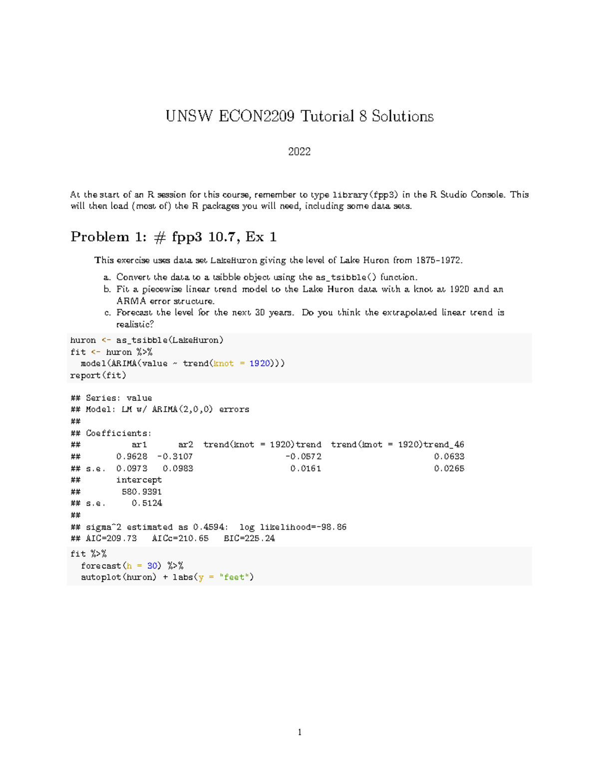 ECON2209 Tutorial 8: Solutions and Forecasting Methods - Studocu