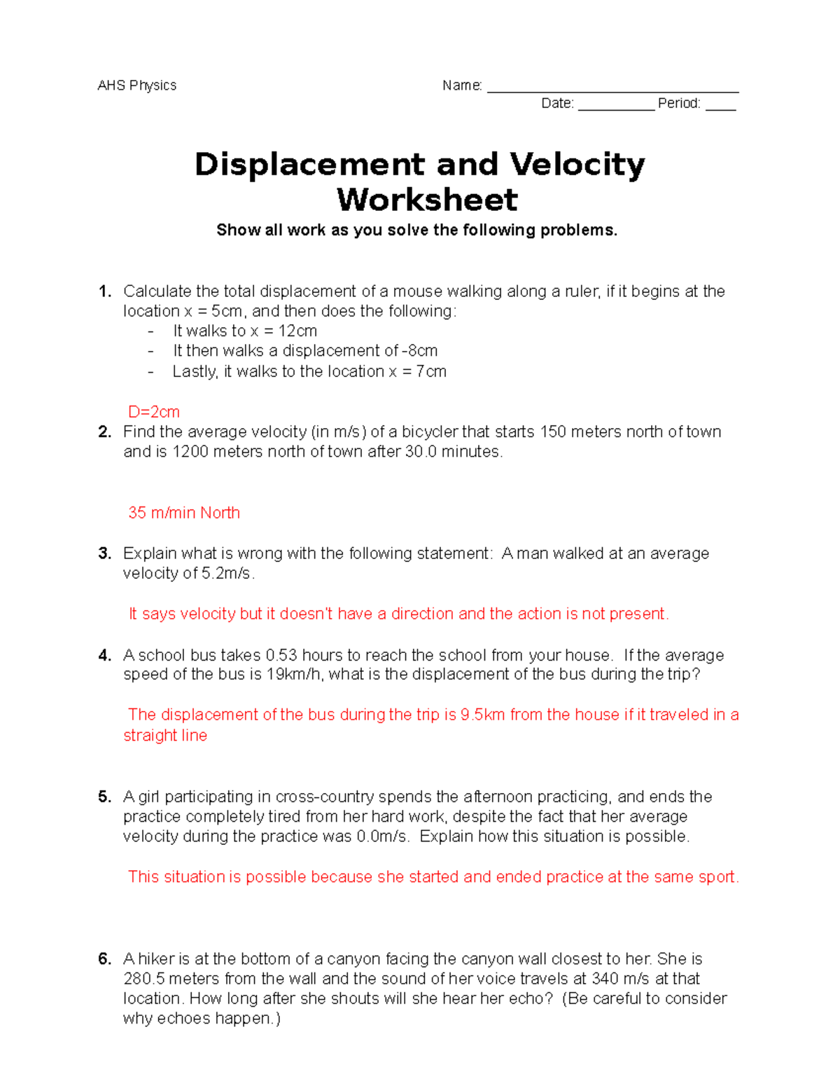 Displacement and Velocity Worksheet - AHS Physics Name