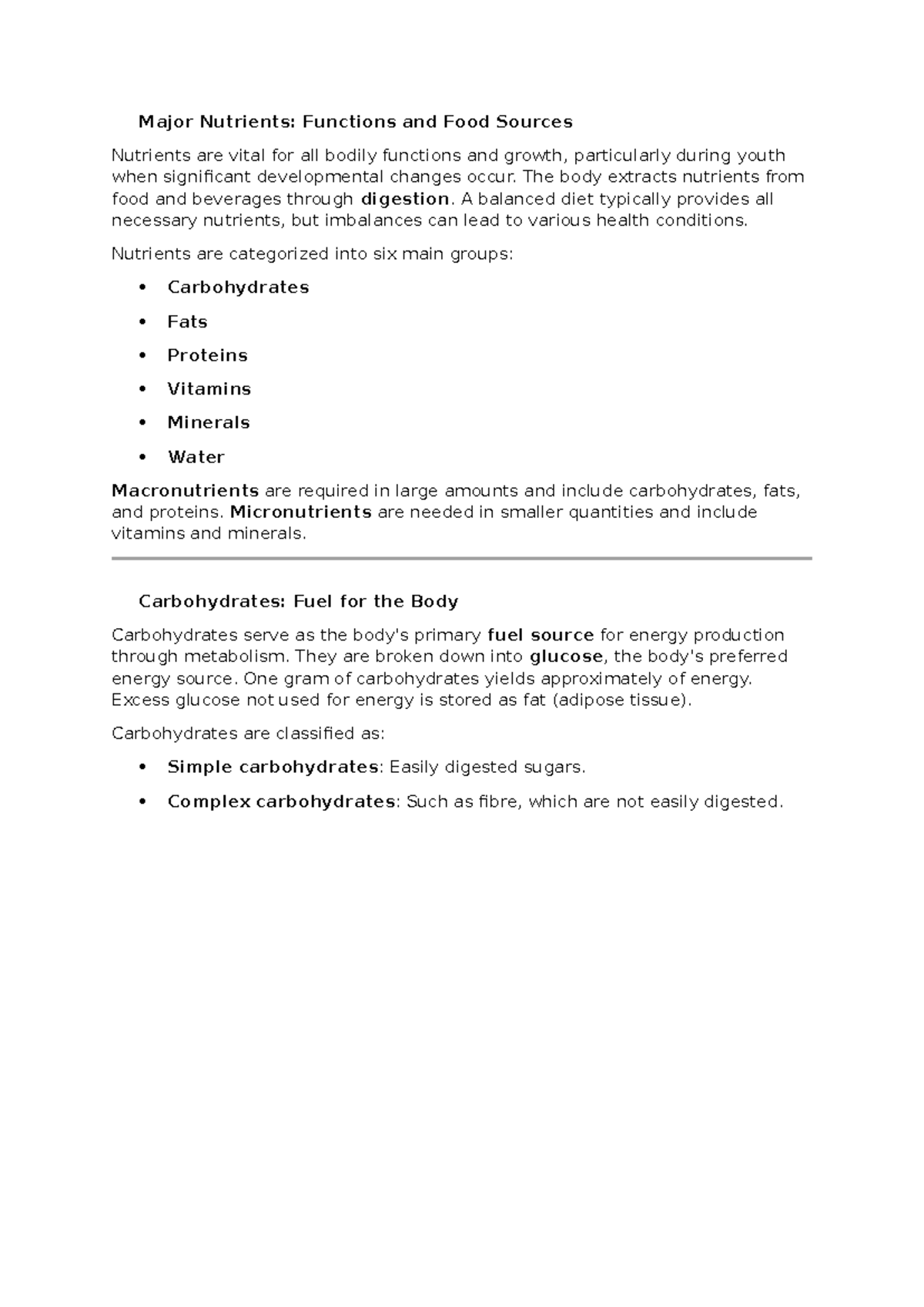 Major Nutrients: Functions & Food Sources - Year 11 Nutrition Study ...